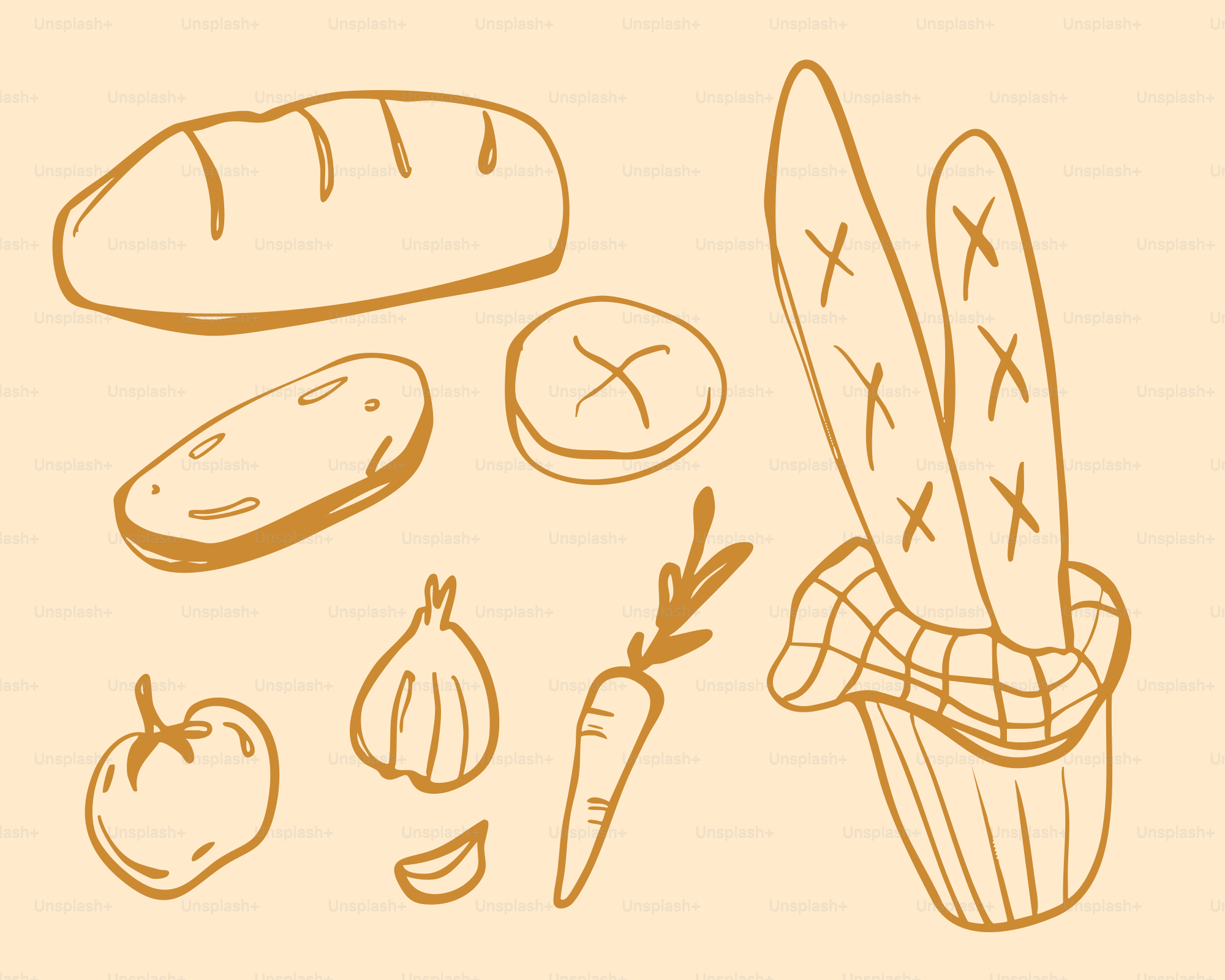 Vektor Sketsa roti dan sayuran dengan latar belakang krim. – Gambar ...