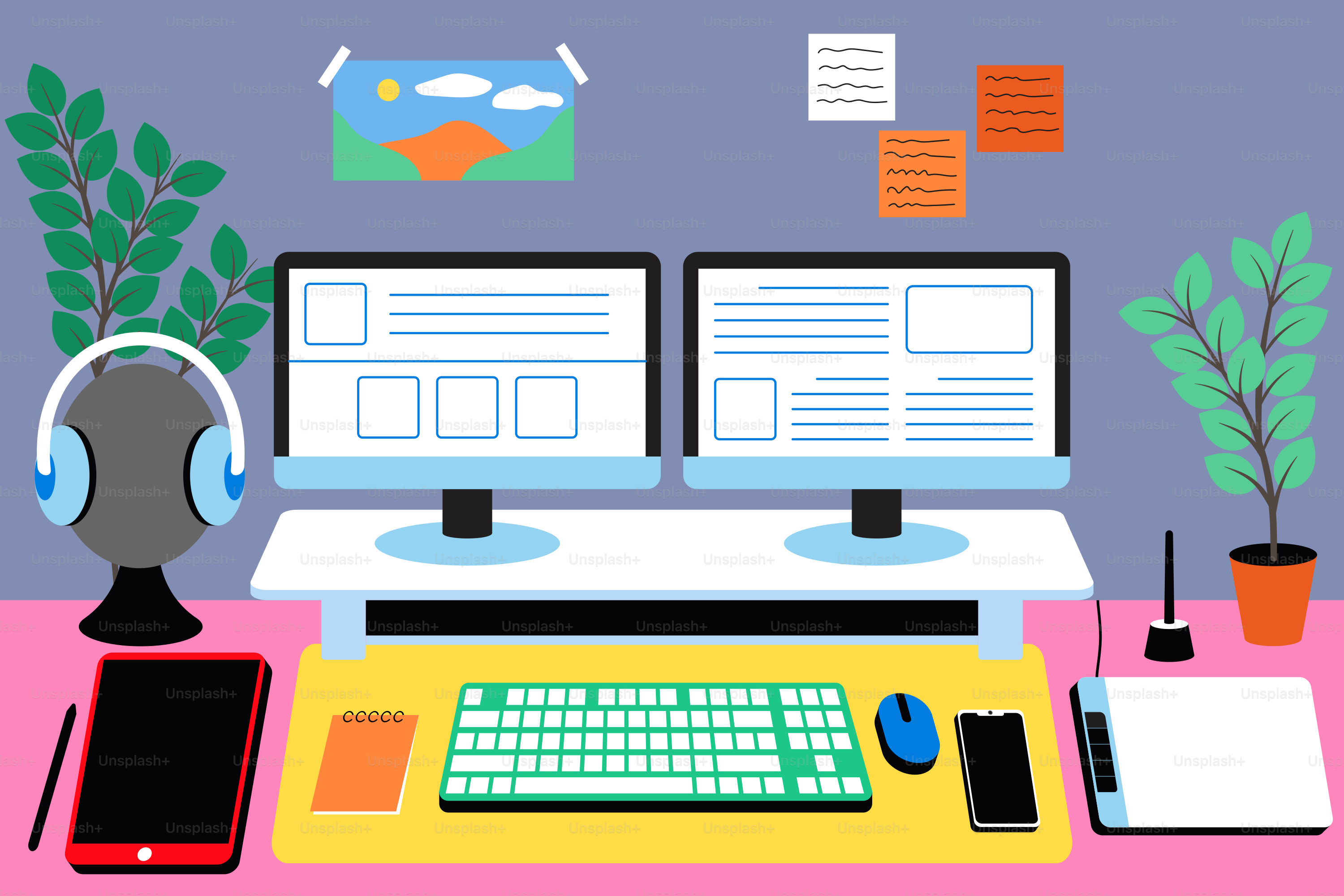 A cozy, colorful desk setup with a city view. vector – Illustration ...