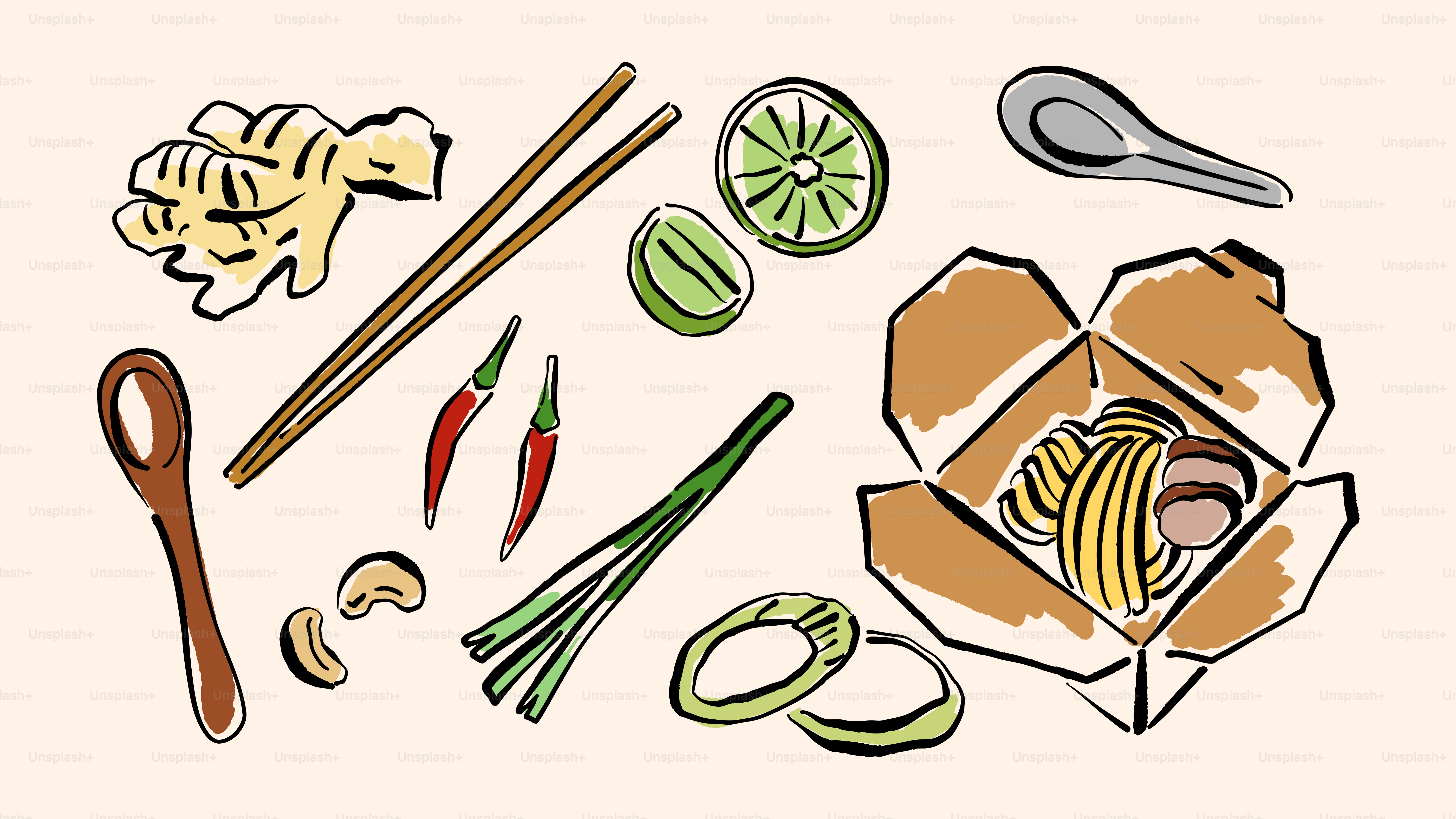 Vektor Bahan dan peralatan bawa pulang Asia ditampilkan. – Gambar ...