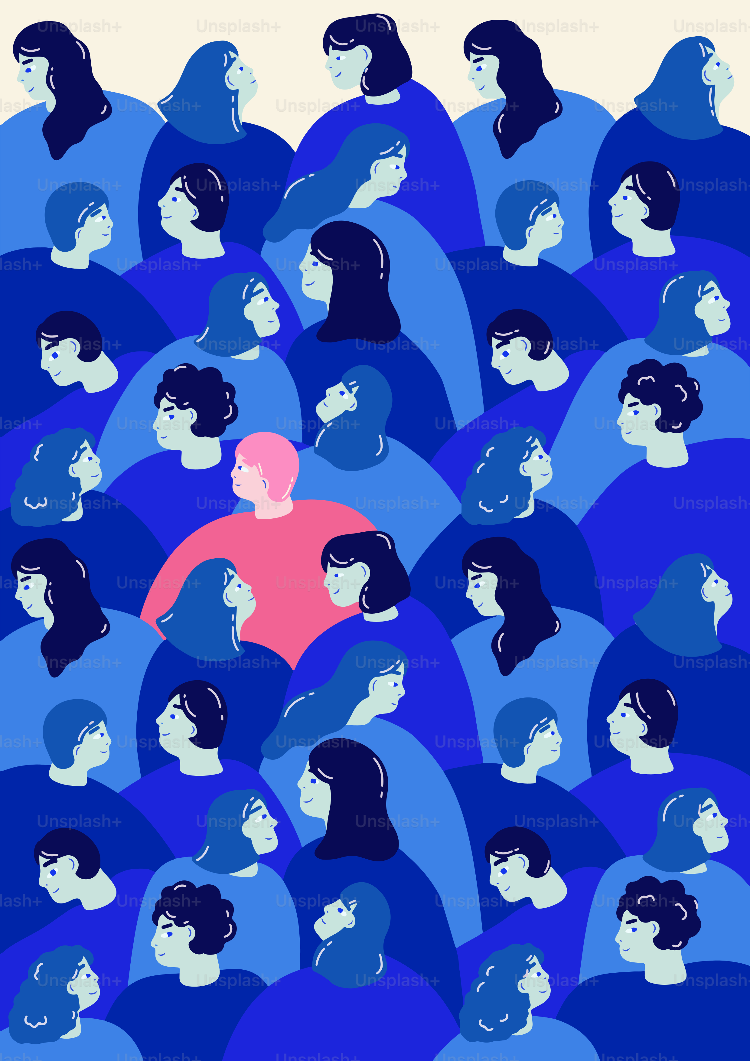 A pink figure stands out in a crowd of blues. vector – Illustration ...
