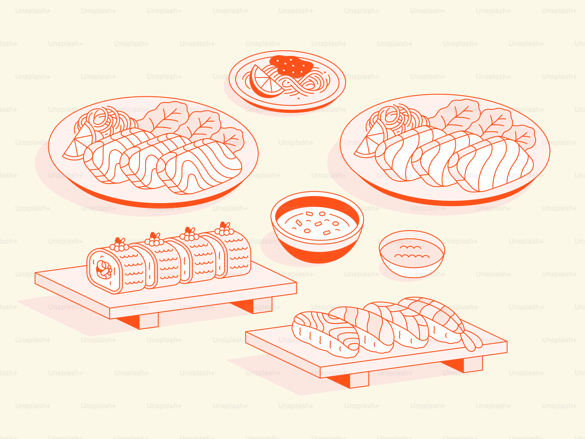 Vektor Berbagai hidangan sushi dan sashimi ditampilkan dengan artistik ...