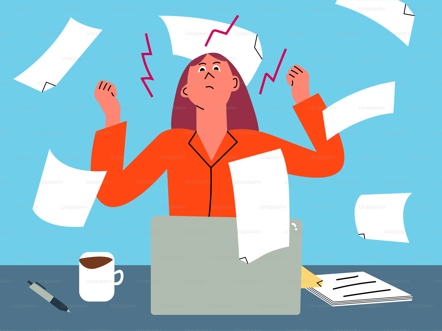 Woman overwhelmed with work and paperwork. vector – Illustration Image ...