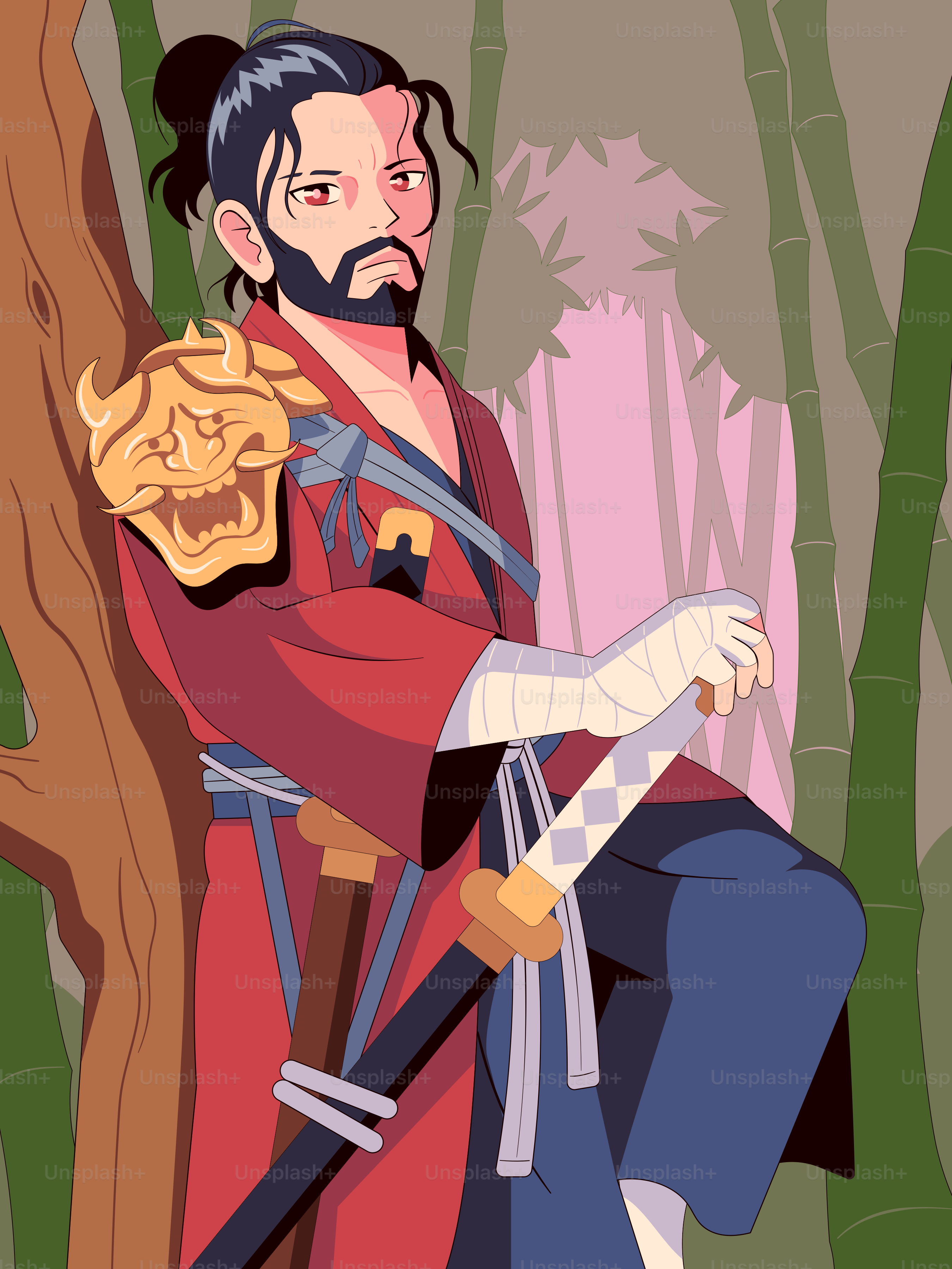 A samurai rests against a tree in a bamboo forest. vector – Anime Image ...