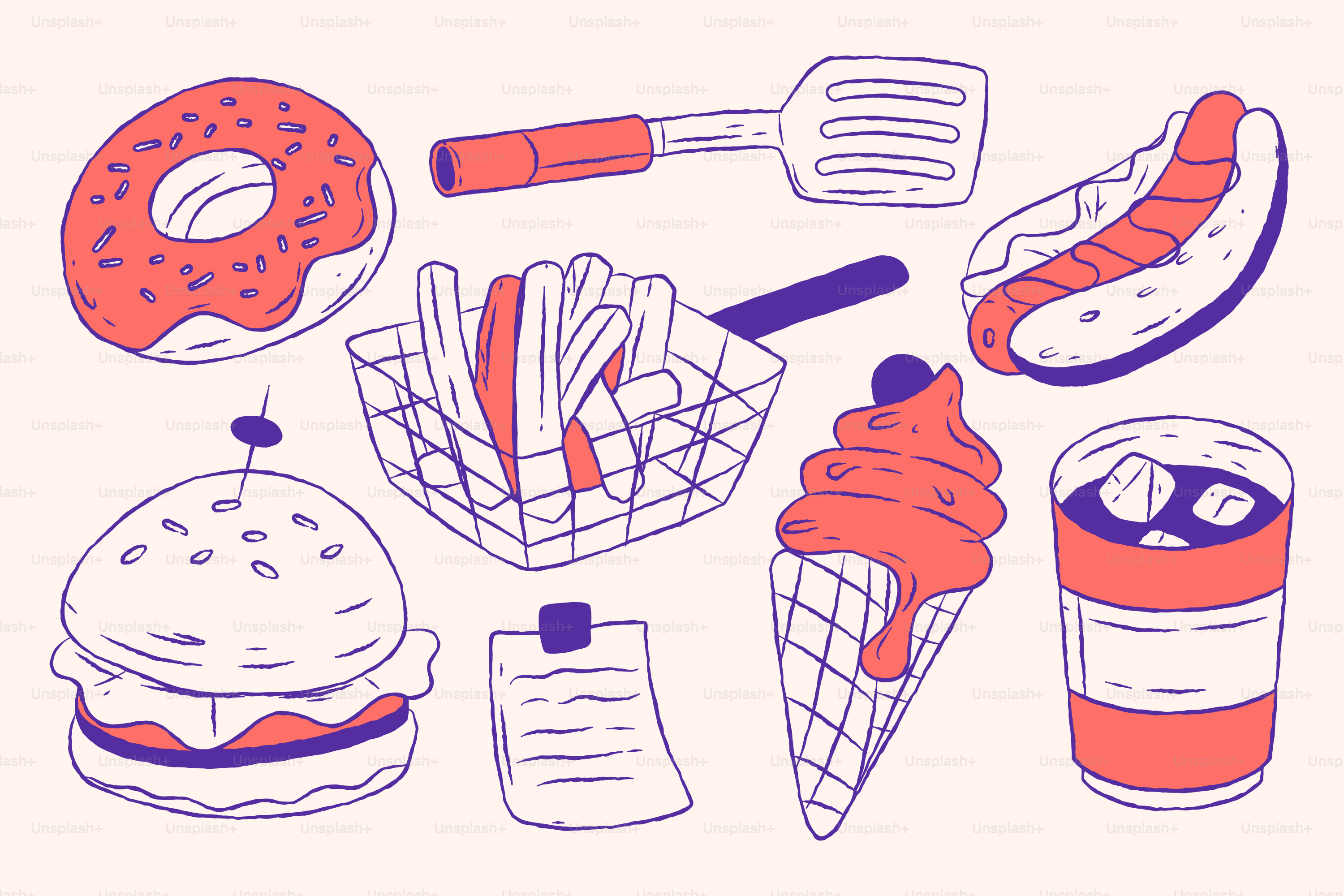 Comida rápida e gostosa e bonito e mimos ilustrados. vetor – Imagem ...