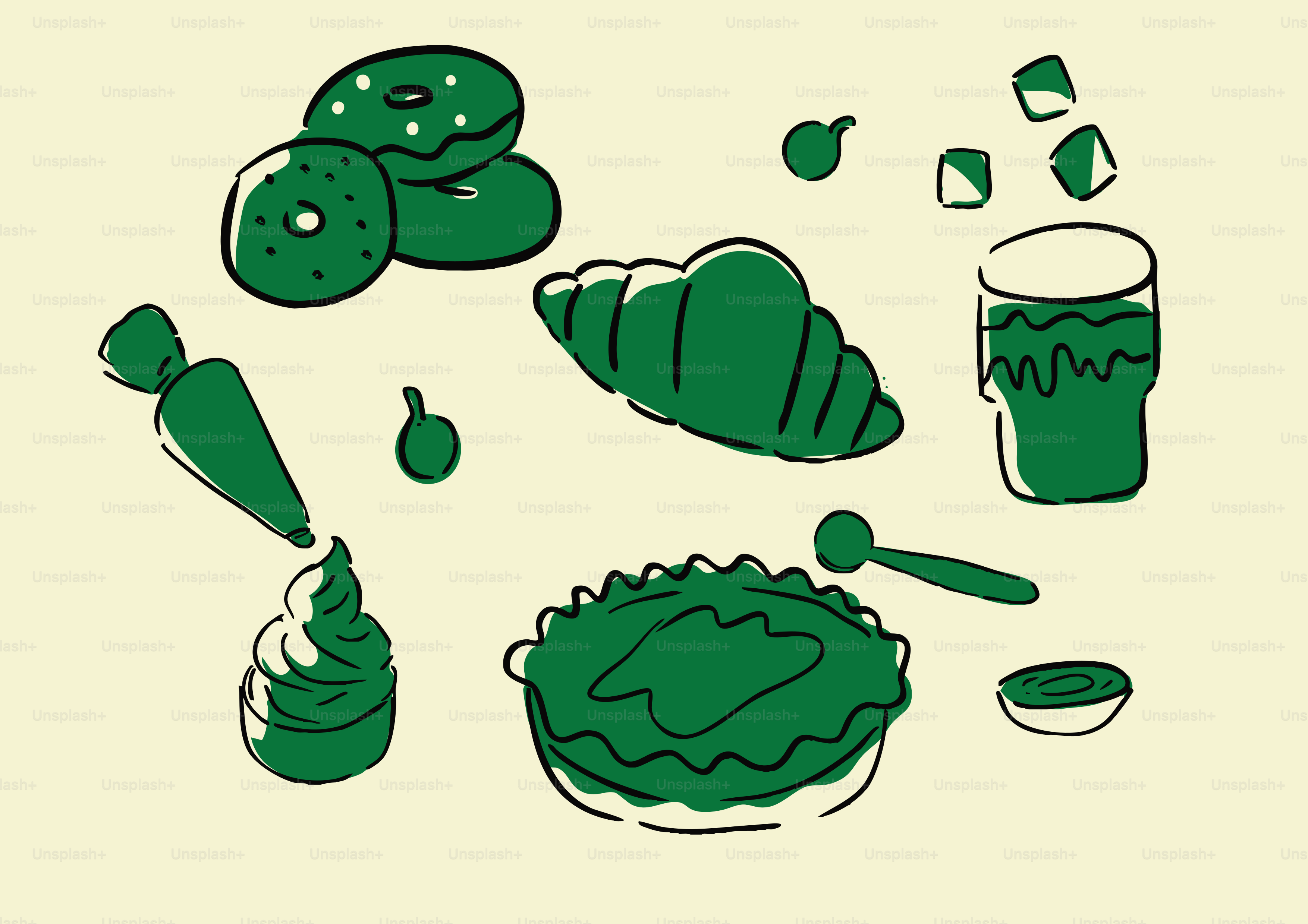 Vektor Permen hijau dan camilan diatur bersama. – Gambar Makanan di ...