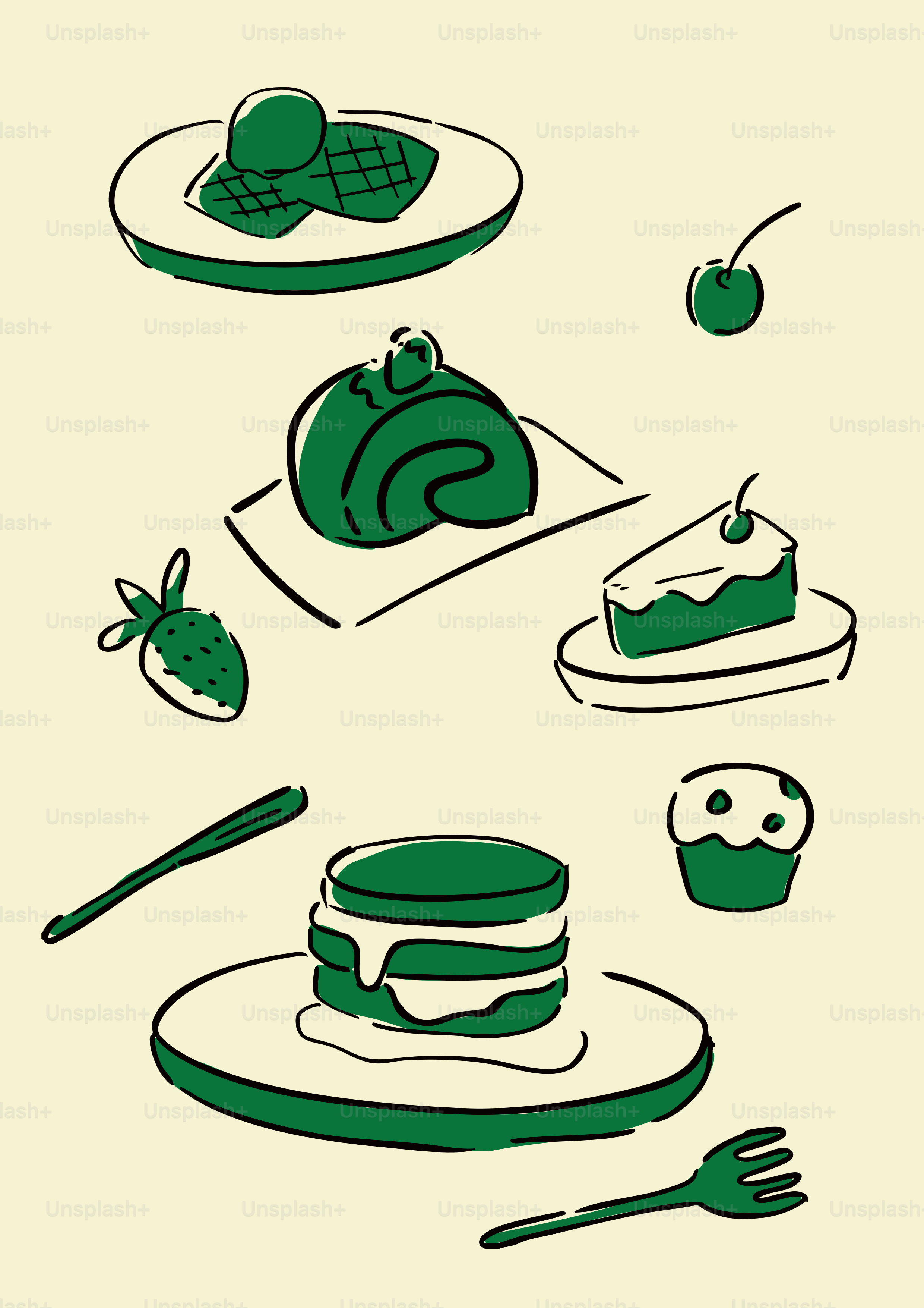 Postres verdes, ilustrados sobre un fondo crema. vector – Imagen de ...
