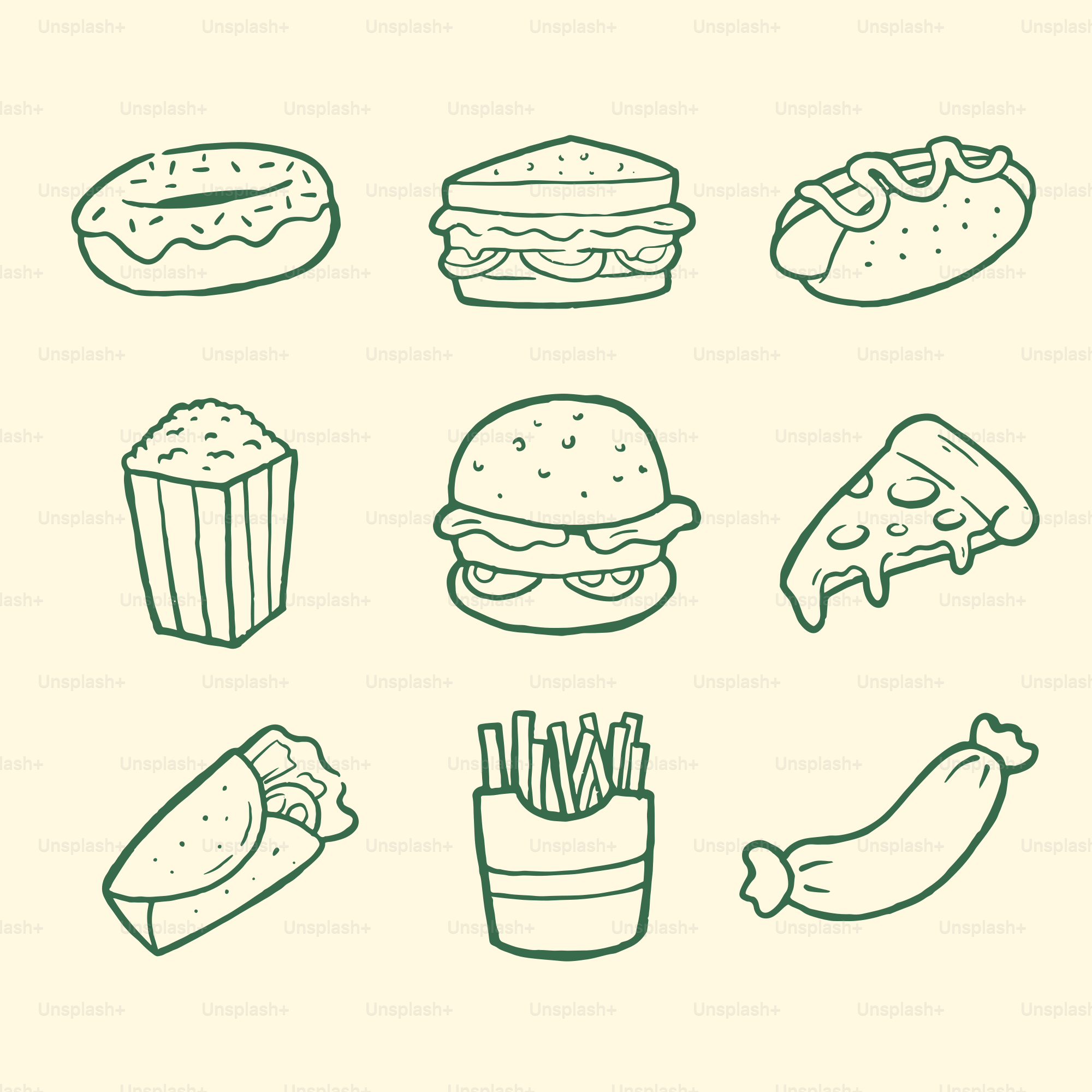 Vektor Gambar gambar makanan cepat saji dan makanan ringan populer ...