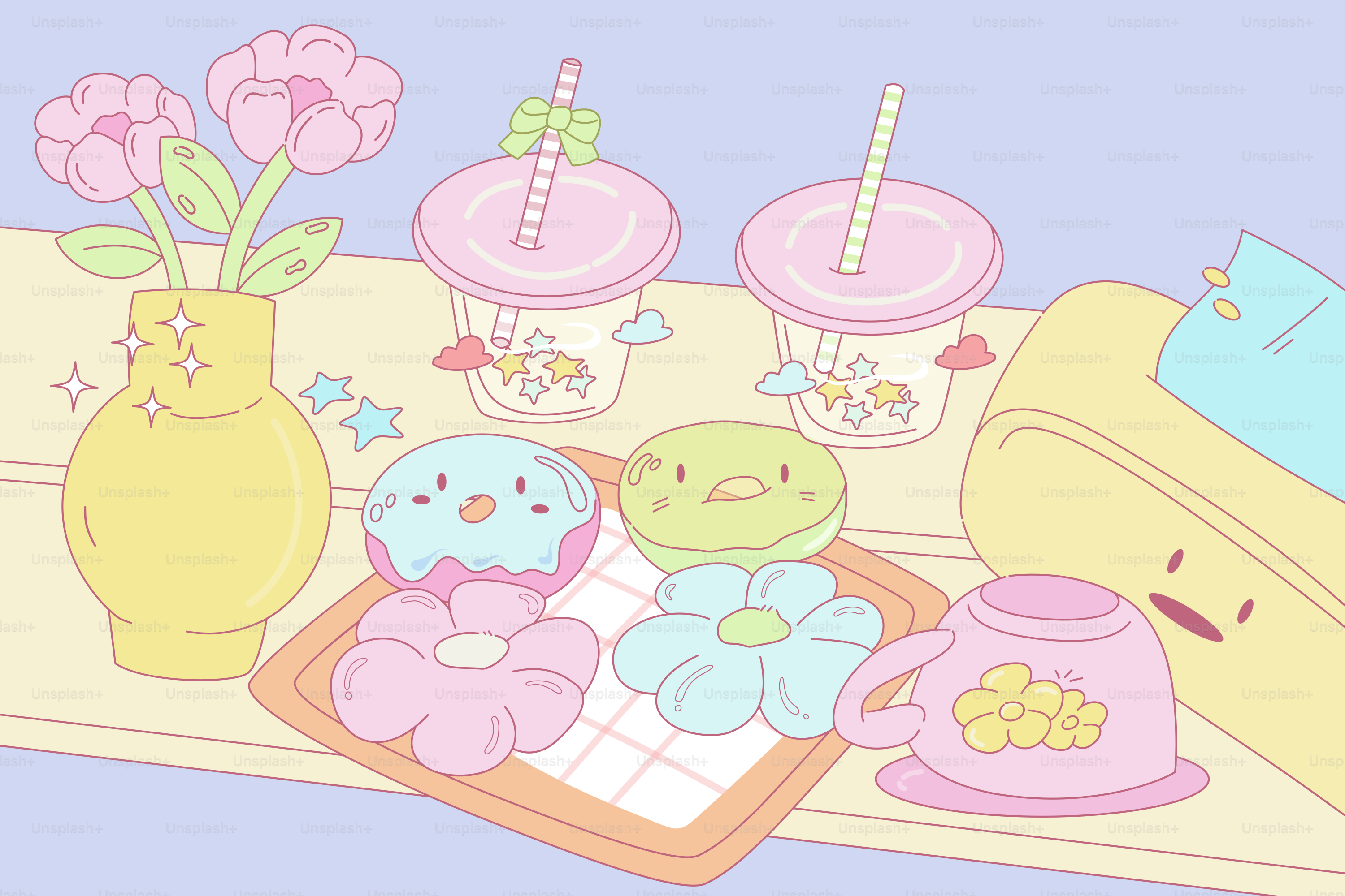 Pastel treats and drinks create a cute scene. vector – Illustration ...