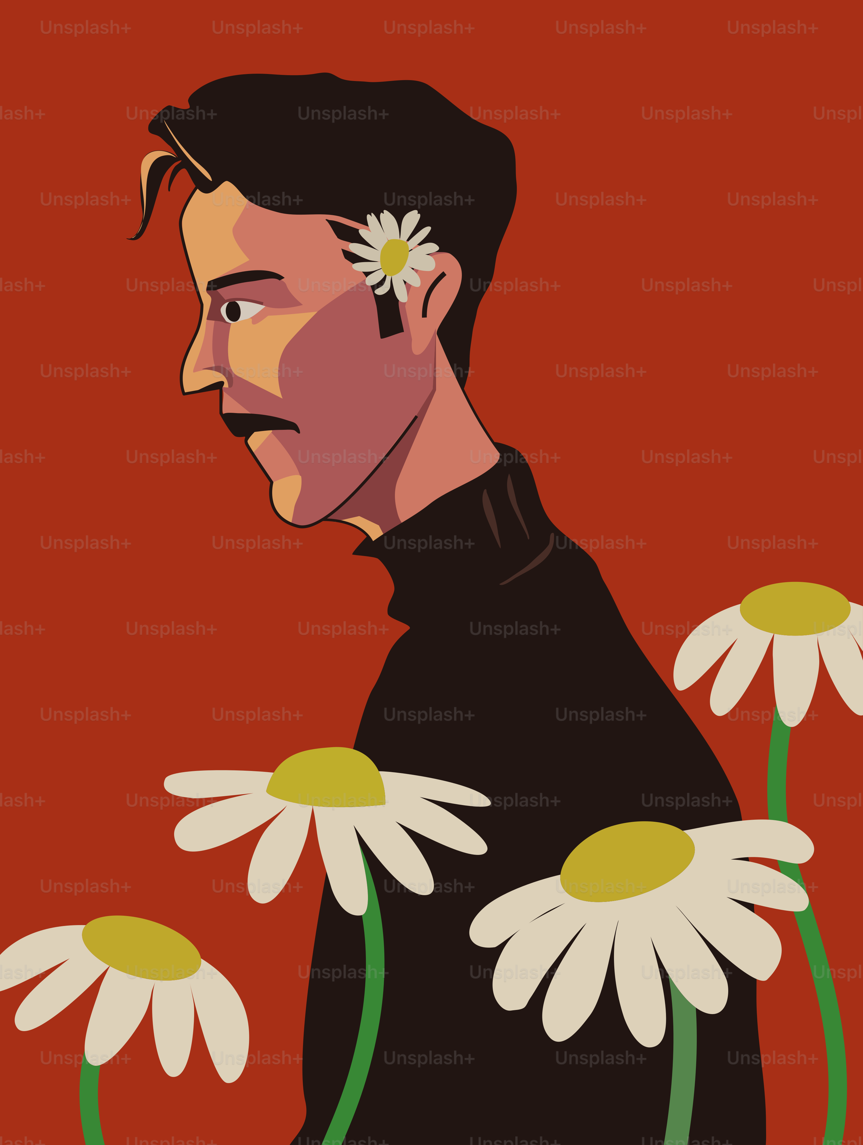 A man stands near flowers, gazing downward. vector – Portrait Image on ...