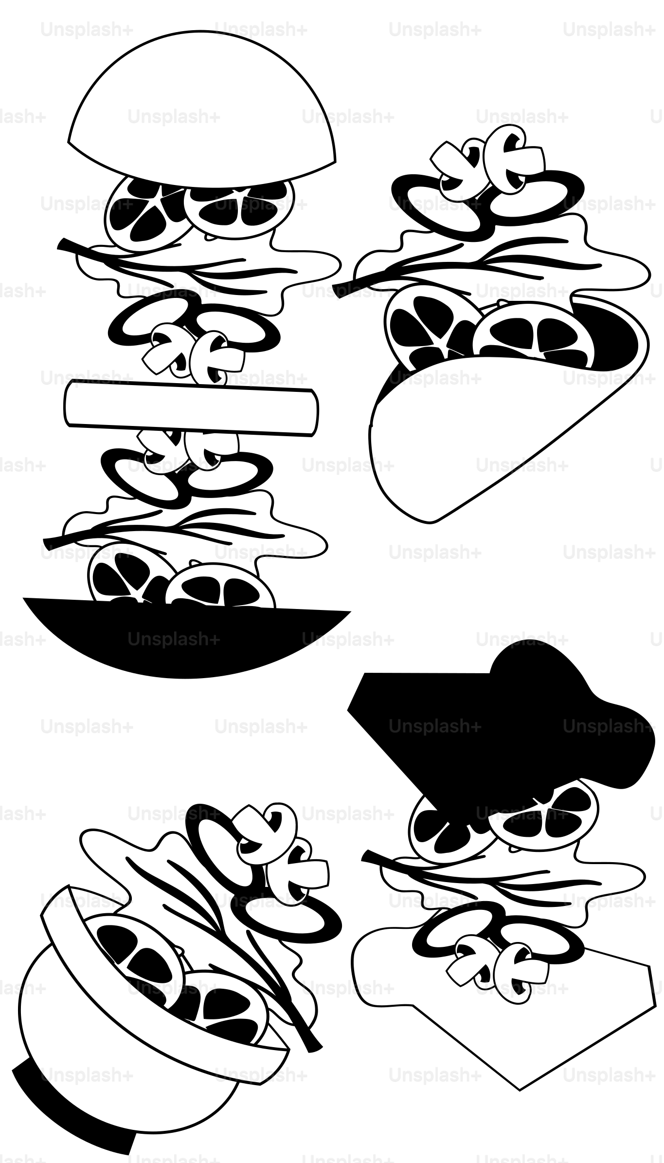 Vektor Makanan yang didekonstruksi: burger, taco, salad, dan hidangan ...