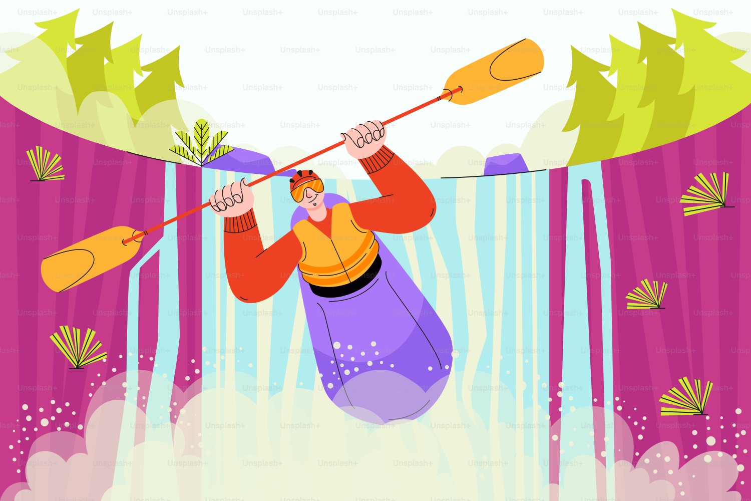 Kayaker bravely paddles down a roaring waterfall. vector – Sport Image ...