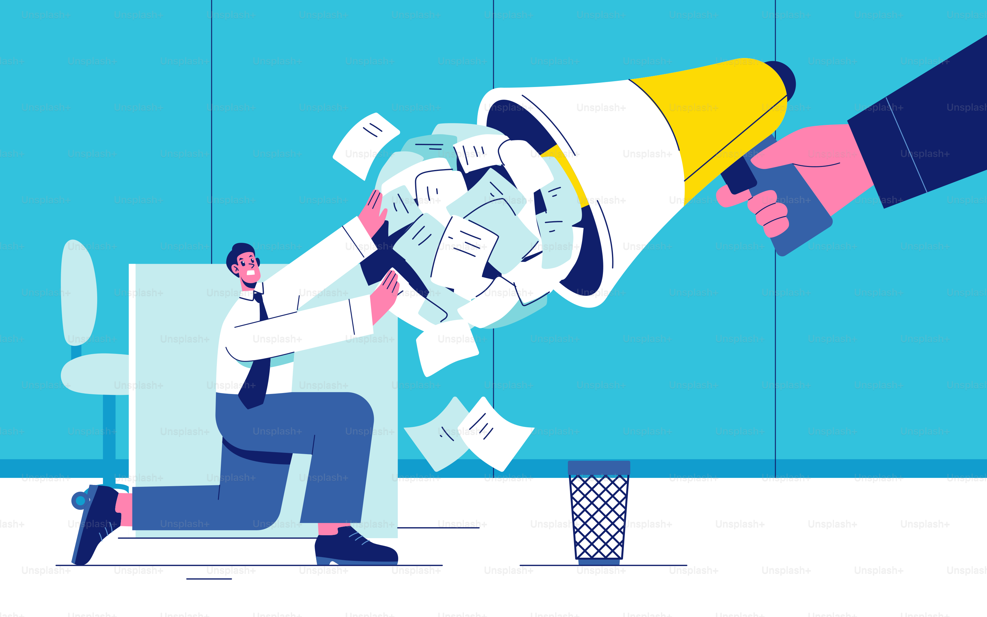 Demasiada información que se le grita al empleado. vector – Imagen de ...