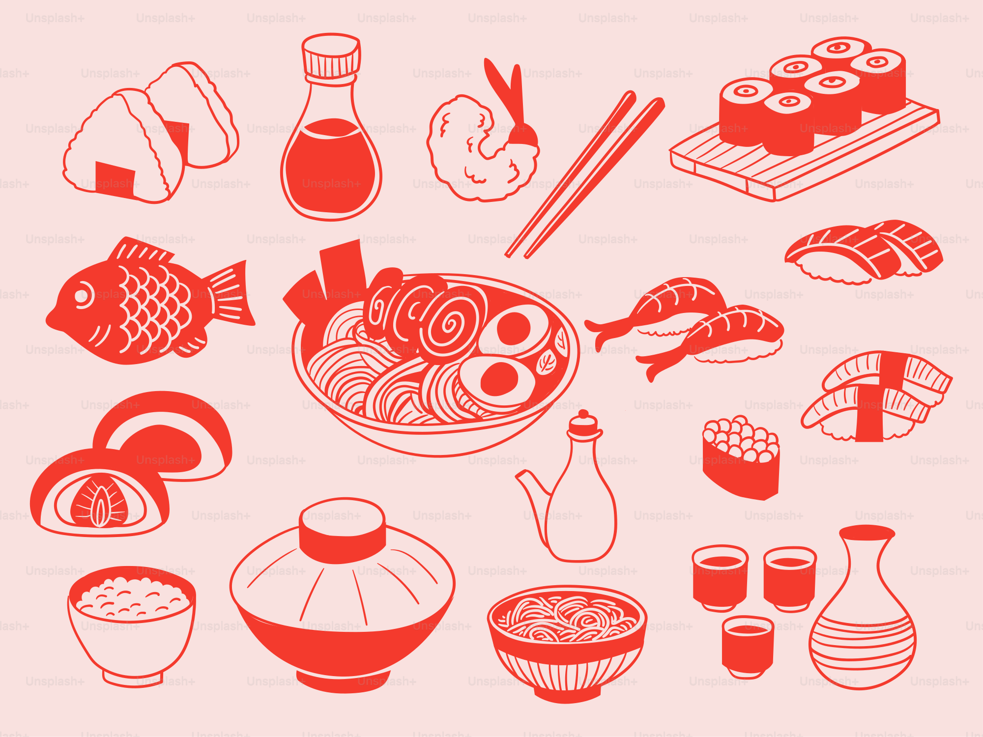 Iconos de comida japonesa en una ilustración roja y blanca. vector ...