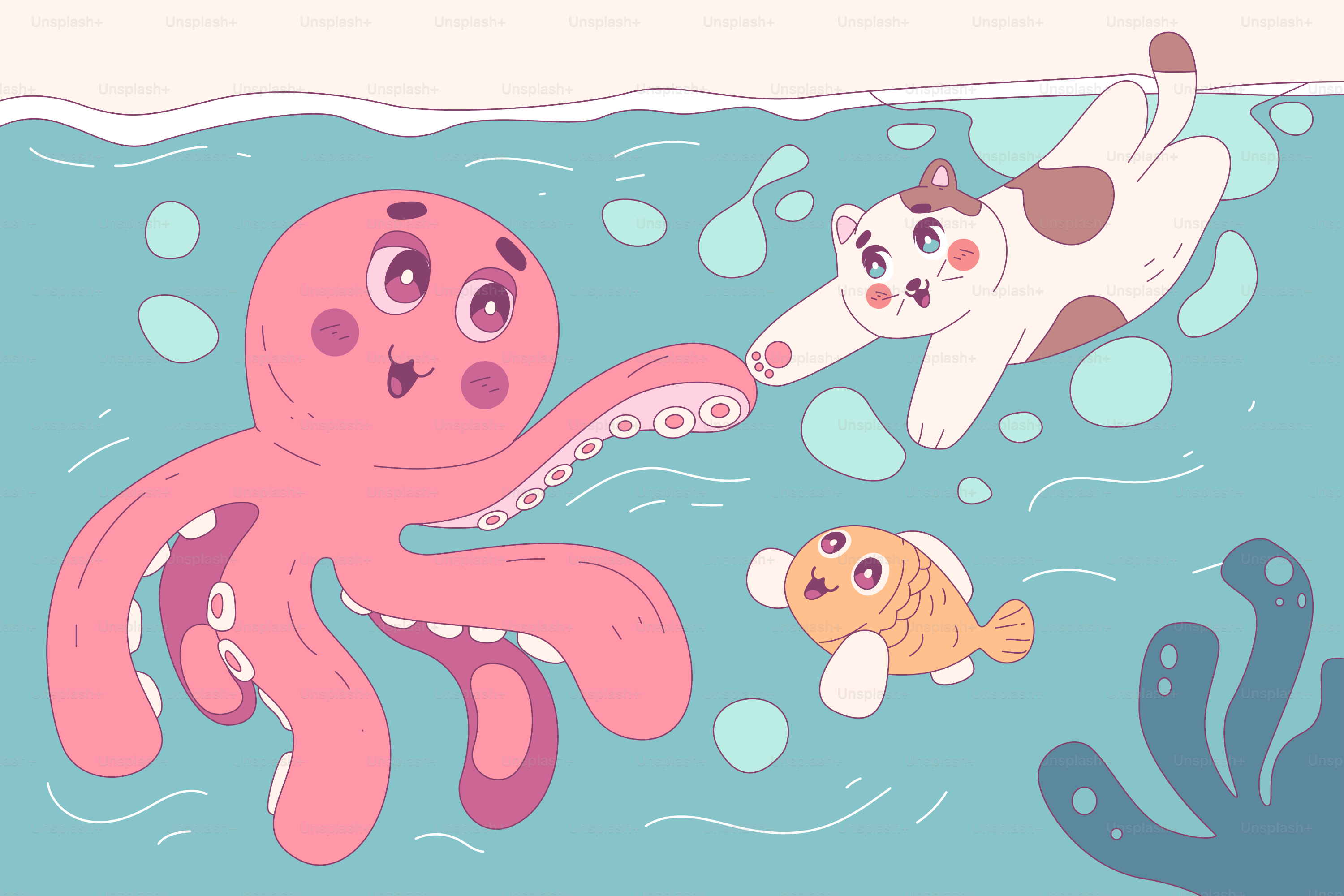 Un pulpo y un gato nadan con un pez. vector – Imagen de Anime en Unsplash