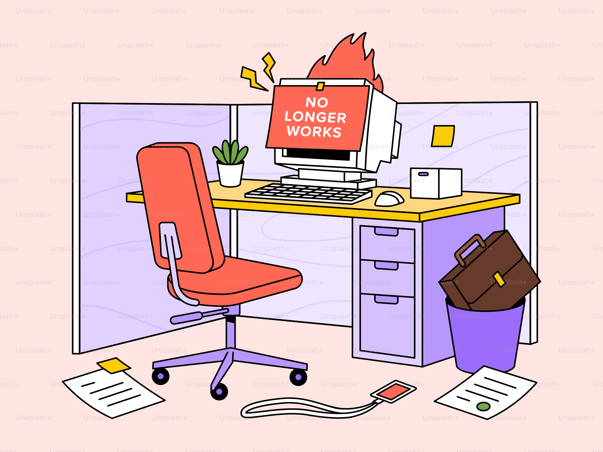 Computer explodes with "no longer works" message. vector – Office Image ...