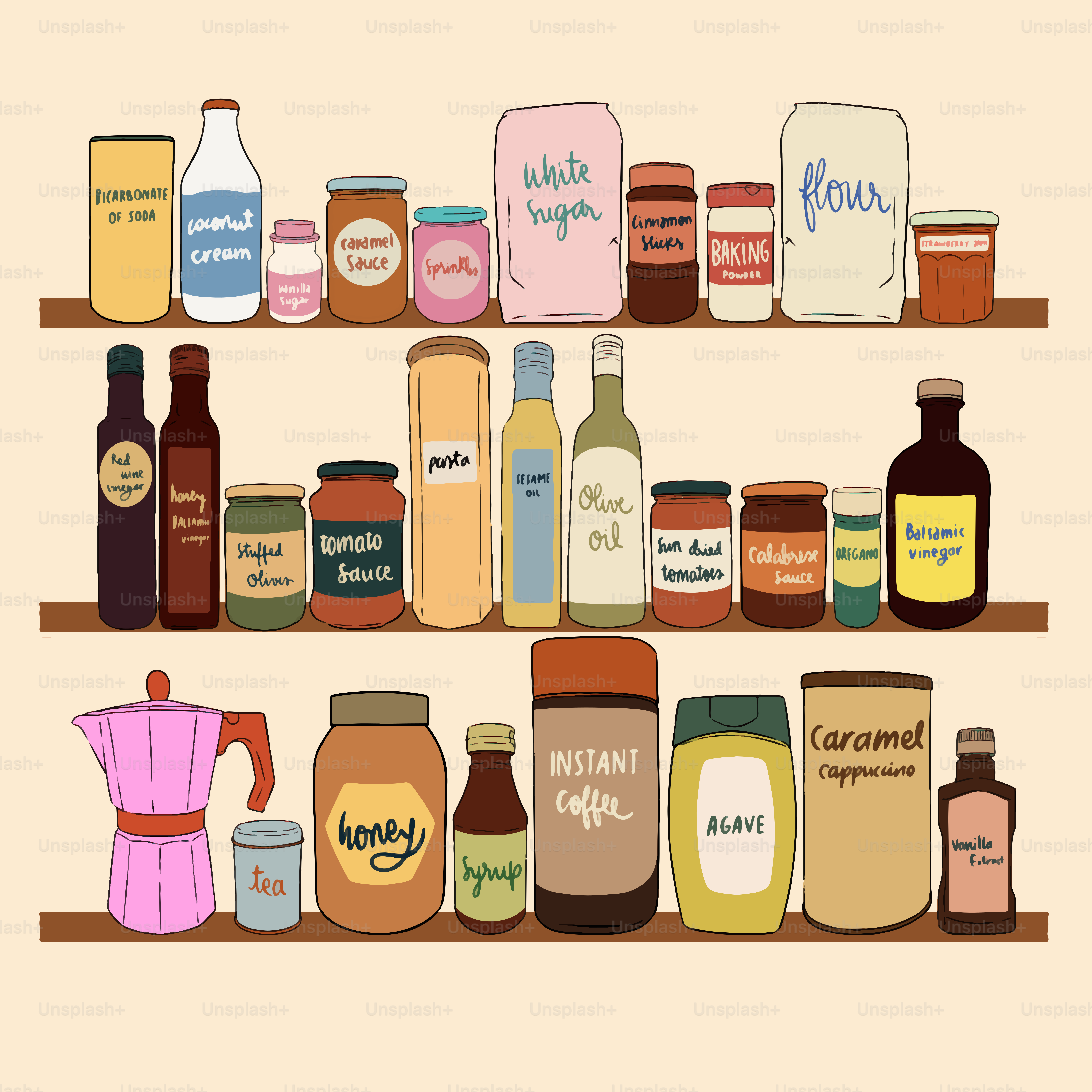 Gli scaffali dei generi alimentari sono riforniti di vari prodotti ...