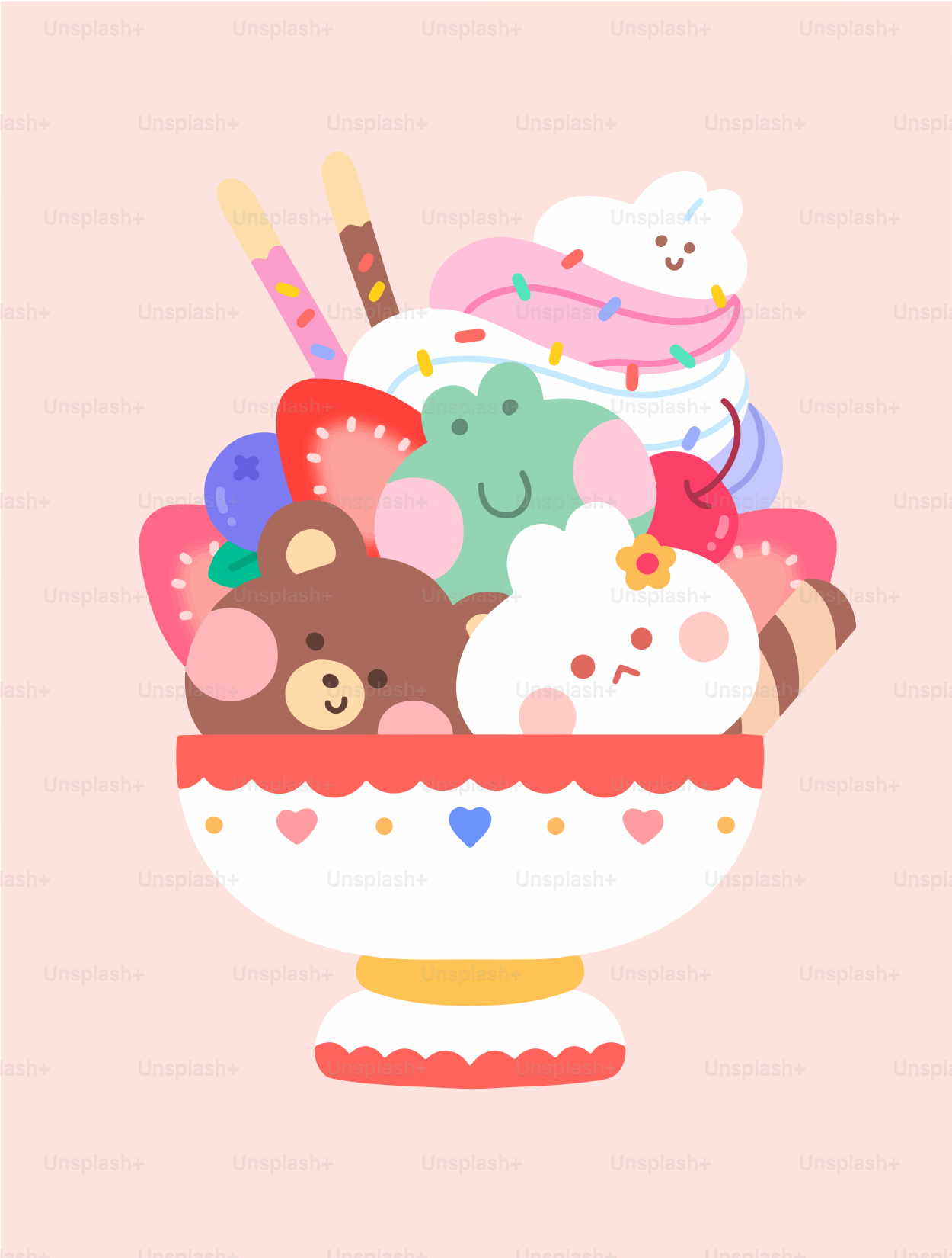 A cute sundae overflowing with adorable characters! vector – Cartoon ...