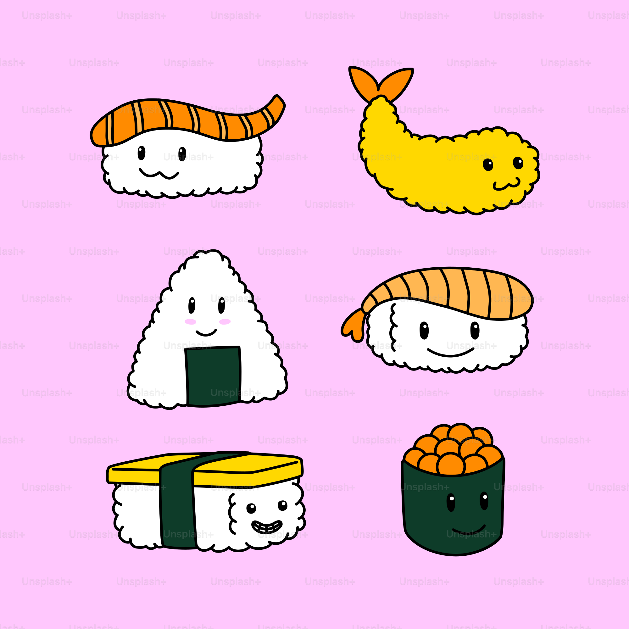 Cute sushi and onigiri characters are smiling. vector – Food Image on ...