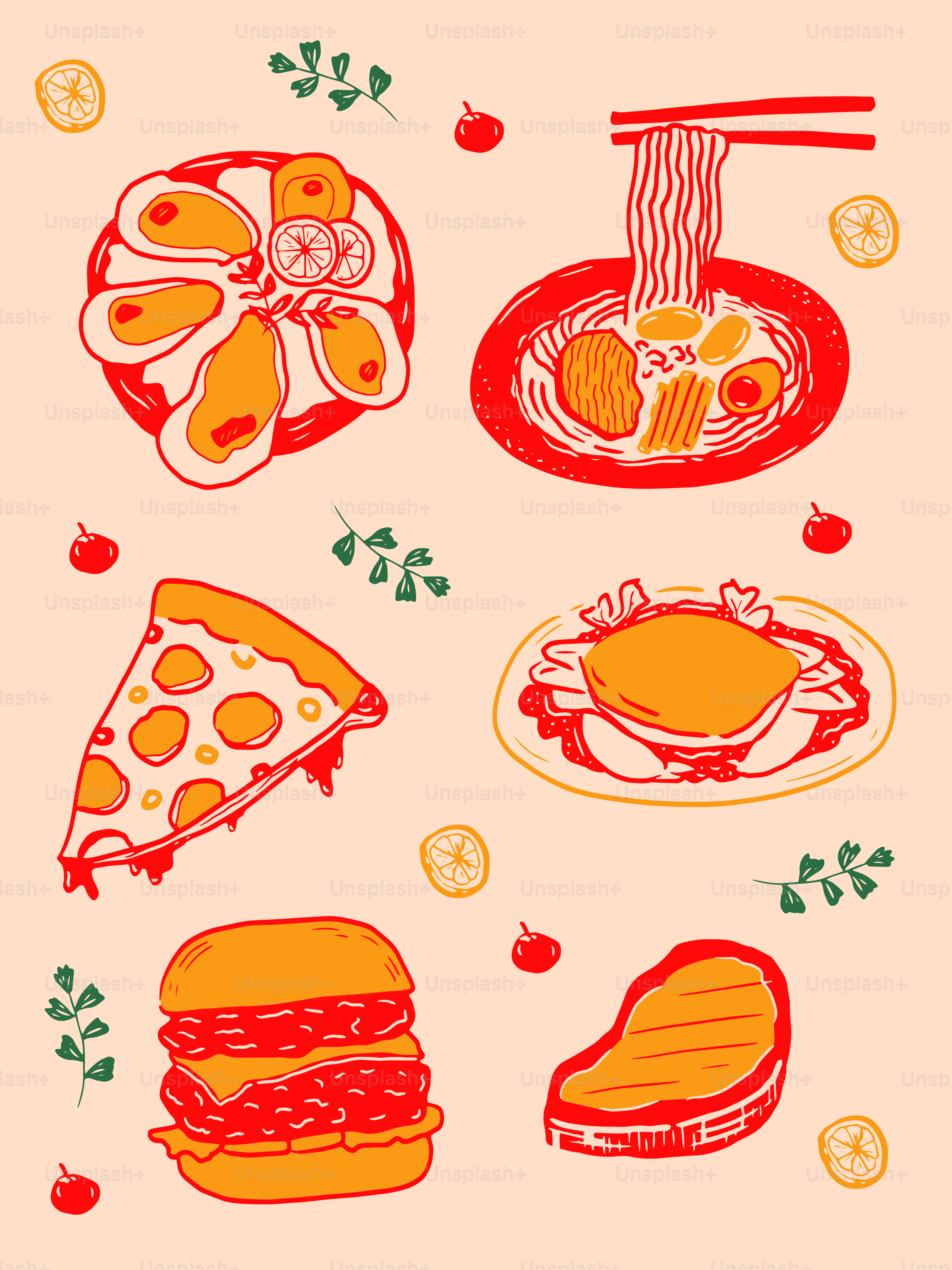 Vari prodotti alimentari sono illustrati in una disposizione artistica ...