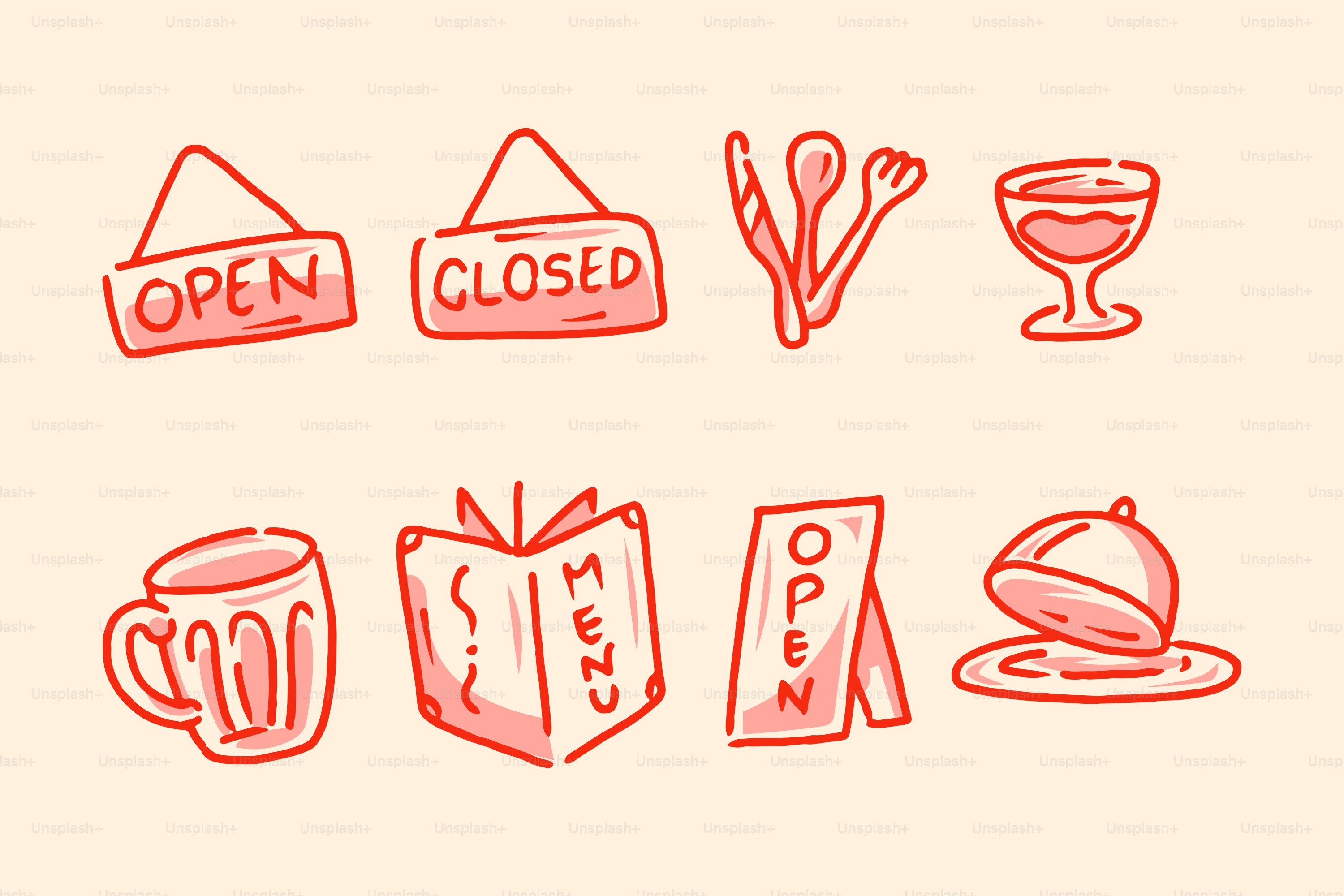 Vektor Ikon terkait restoran, termasuk menu, tanda, dan barang pecah ...