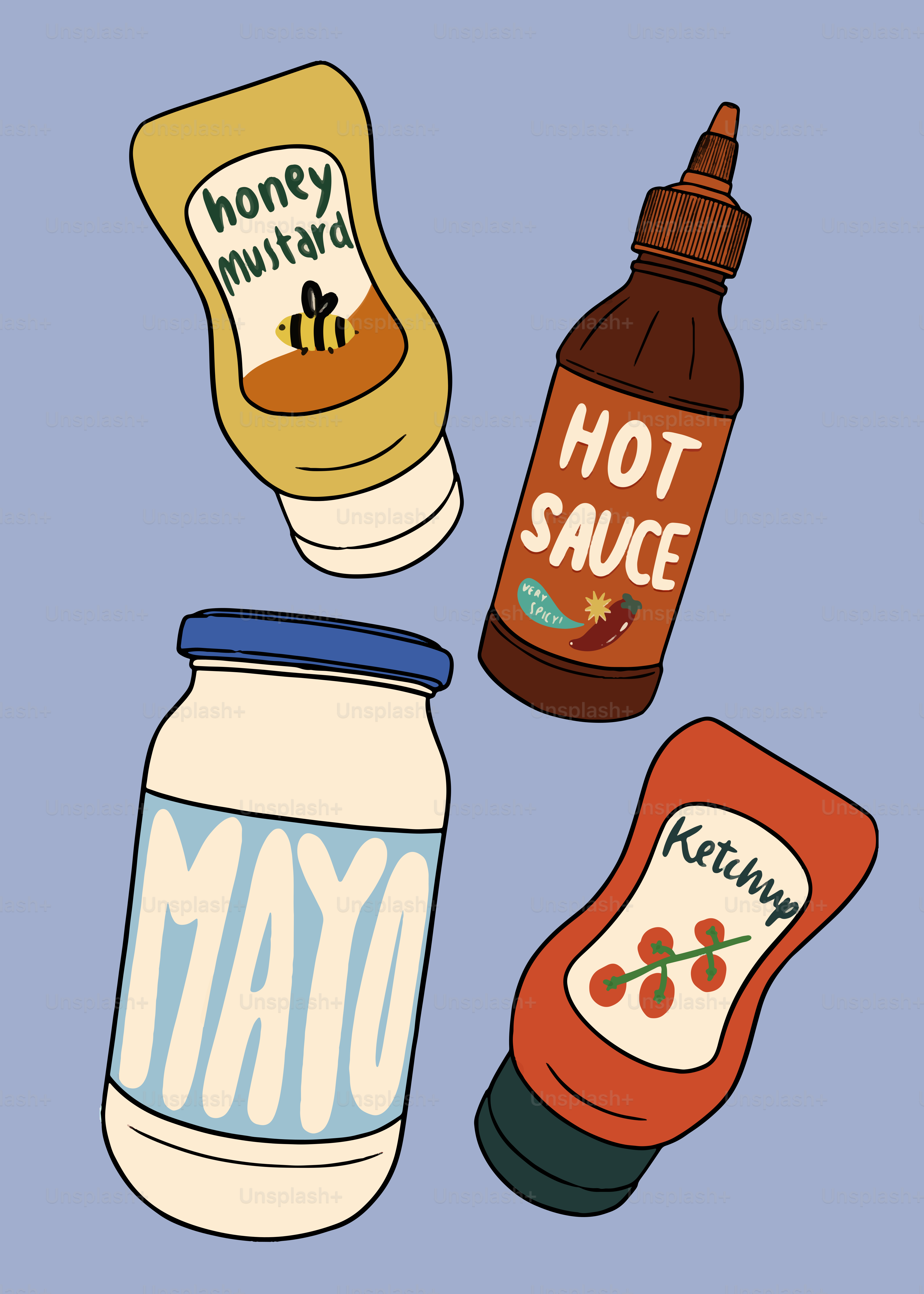 Various condiment bottles: honey mustard, mayo, hot sauce, ketchup ...