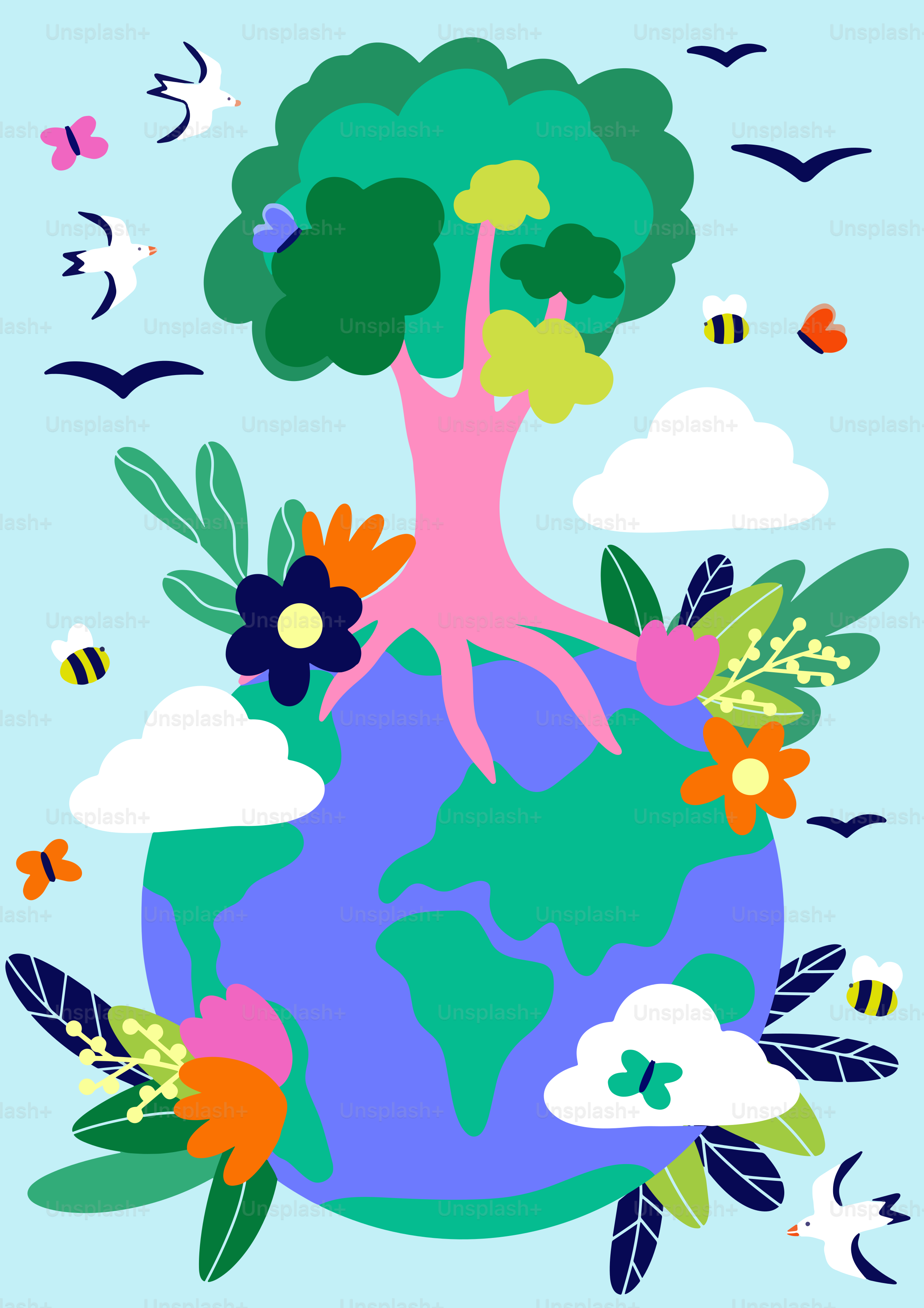 Vektor Bumi dipenuhi dengan bunga, pohon, dan satwa liar. – Gambar ...