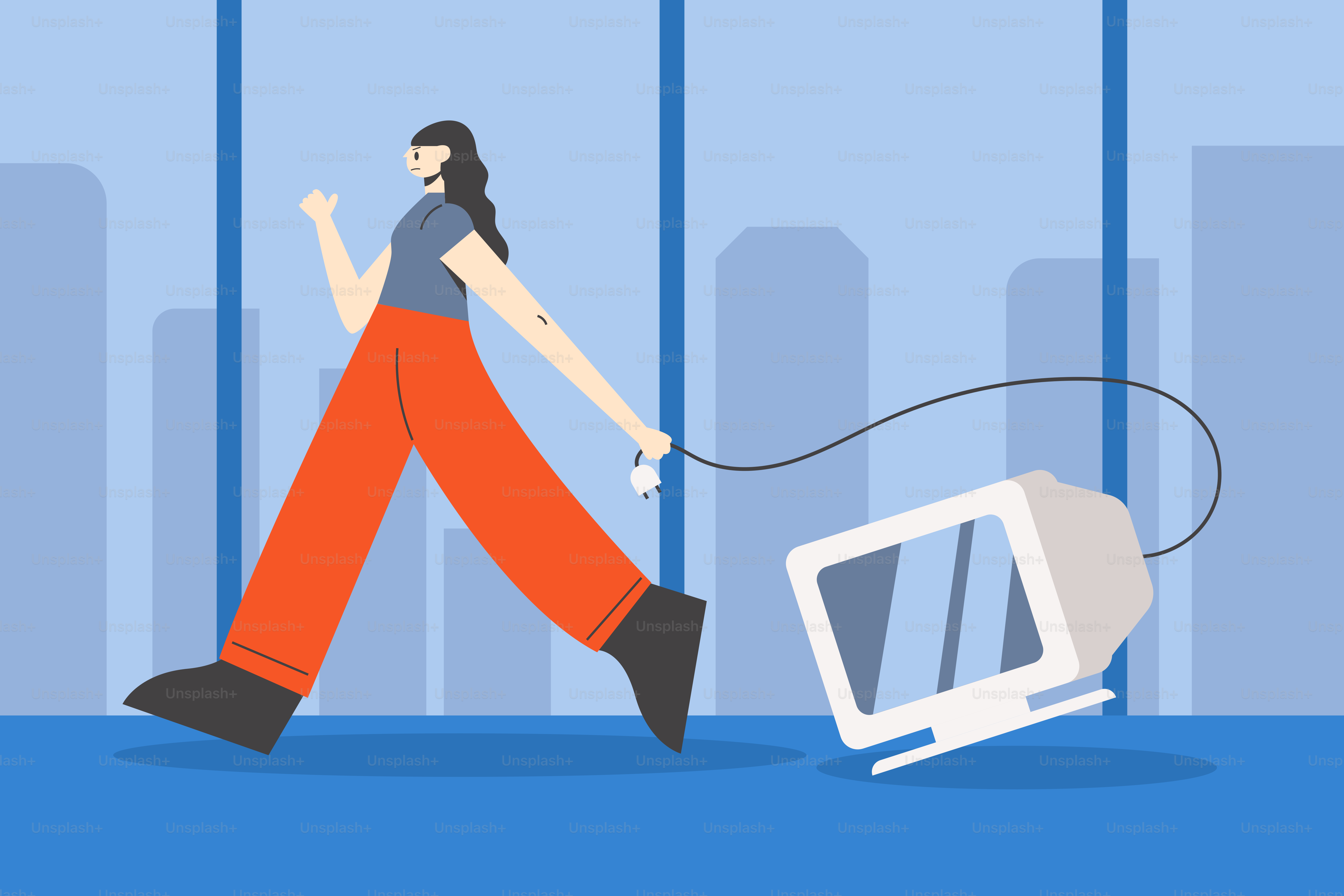 Woman is walking while dragging a computer. vector – Office Image on ...