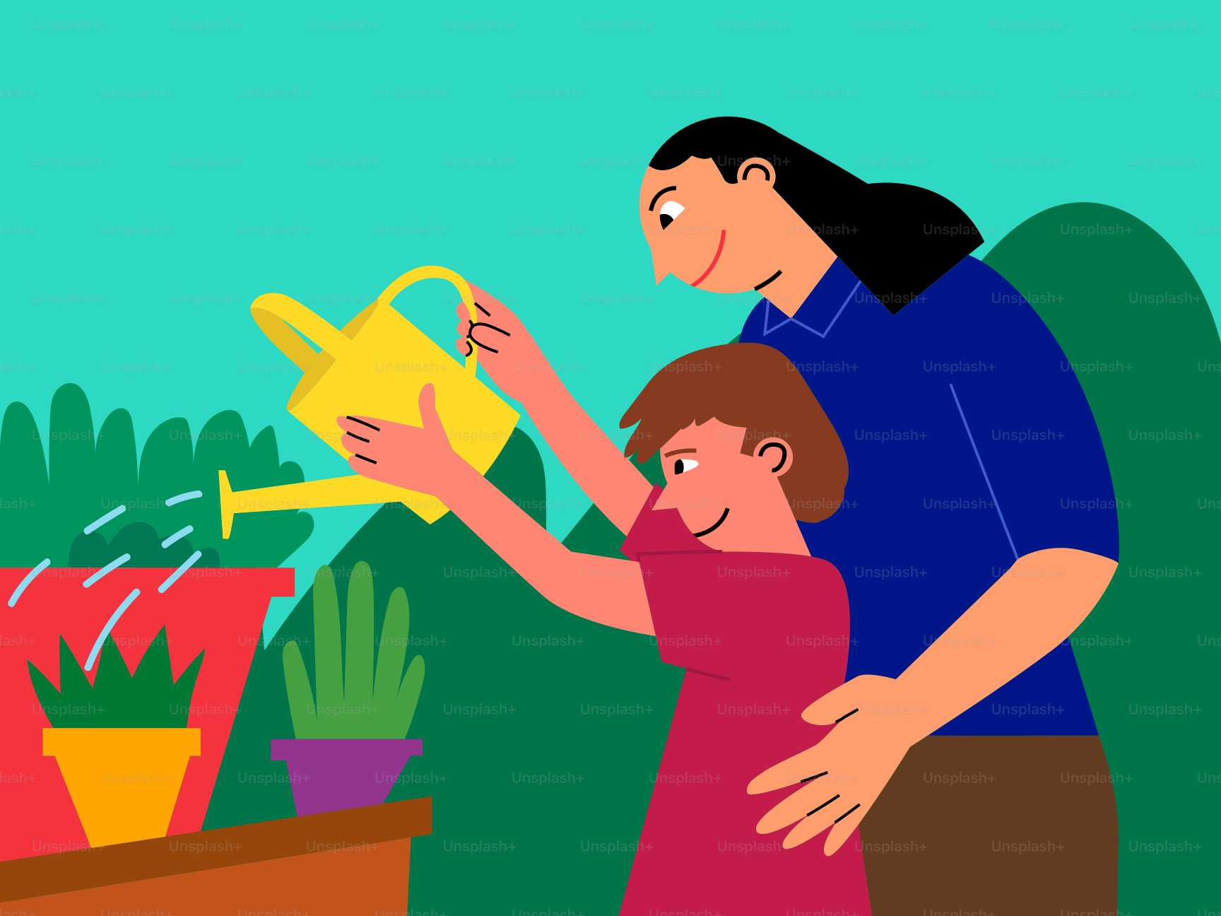 Mom and child are watering plants together. vector – Illustration Image ...
