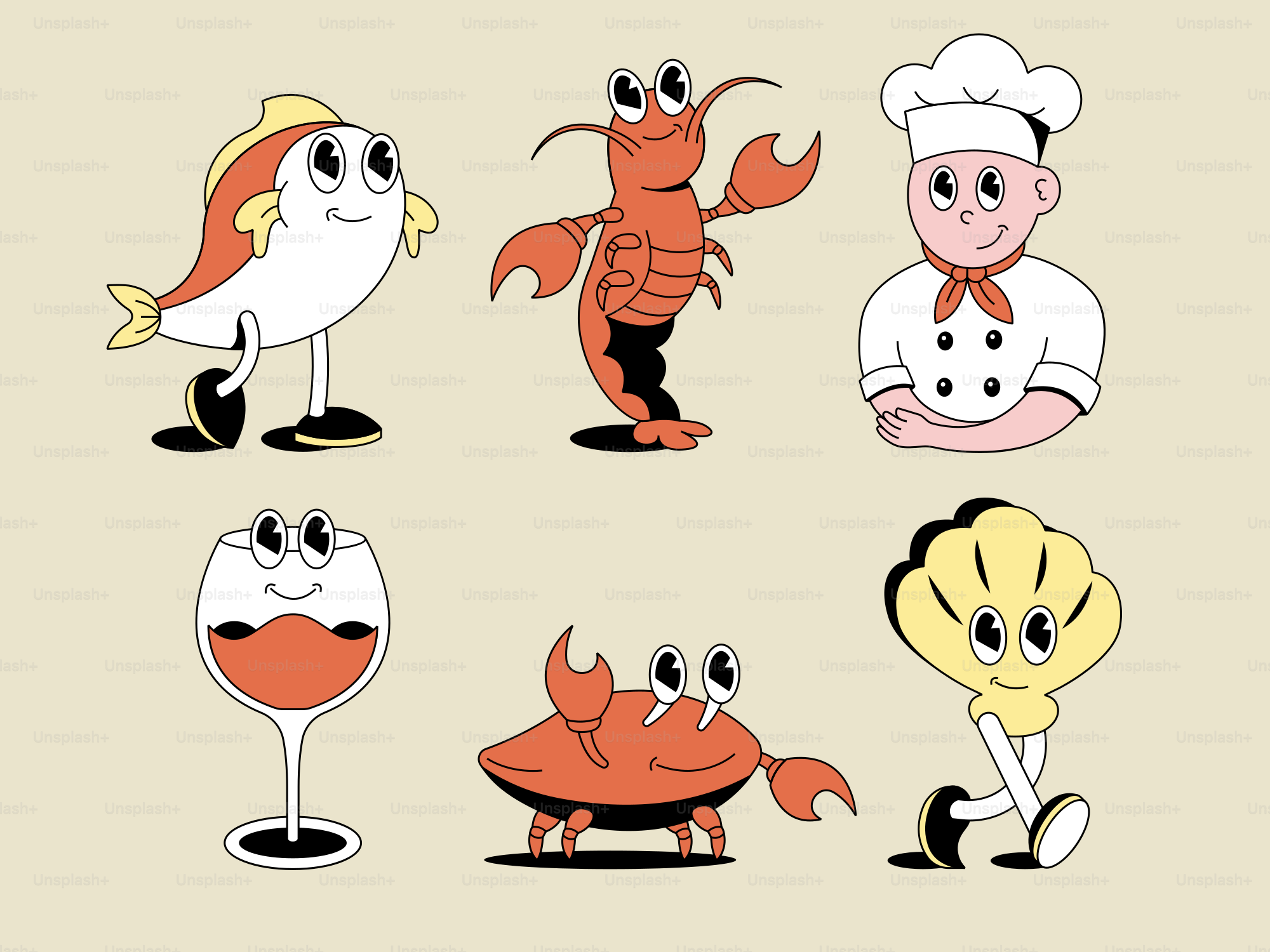 Cute cartoon characters depicting seafood and chef. vector – Food Image ...