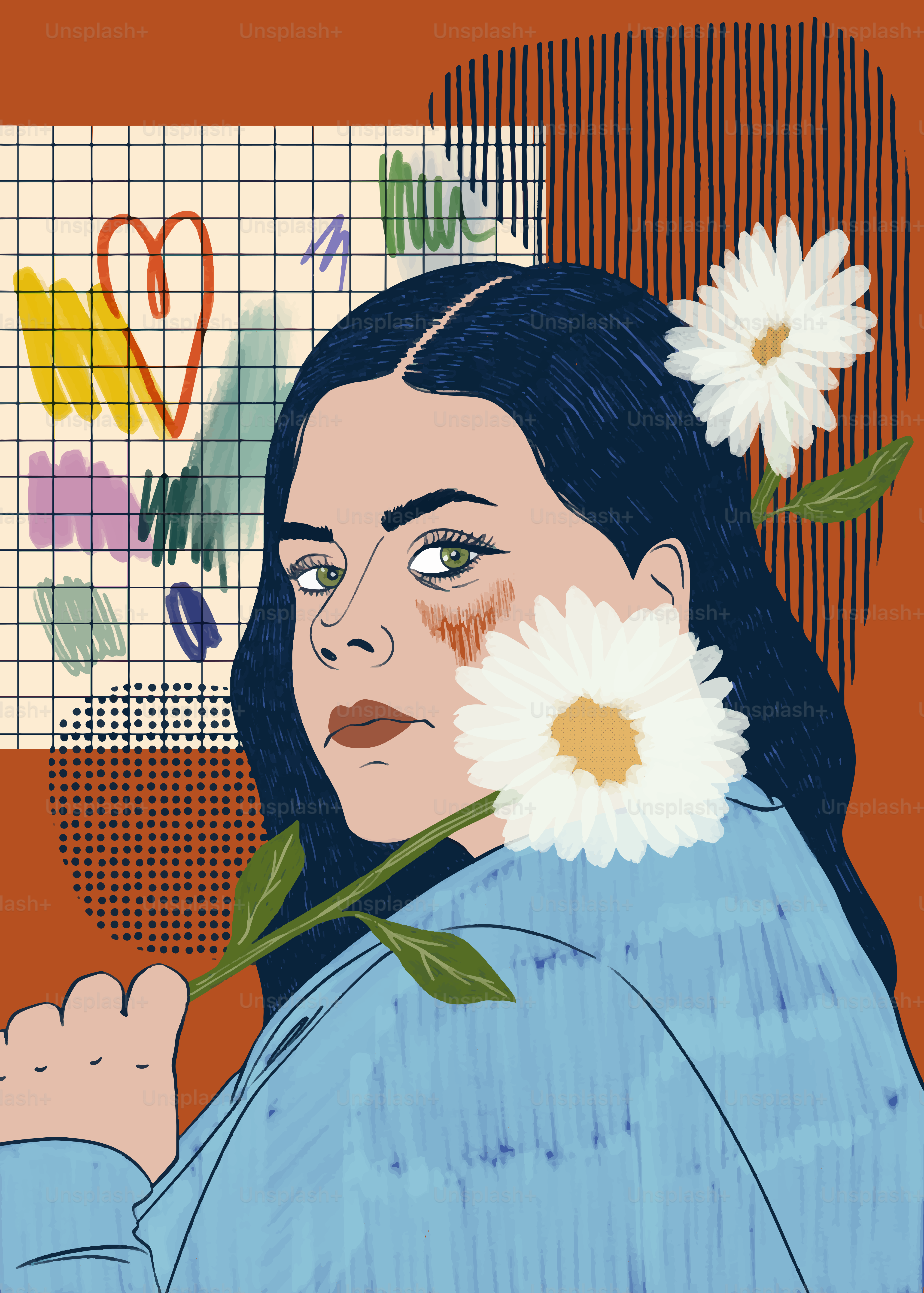 A woman holding daisies in a vibrant illustration. vector – Flowers ...