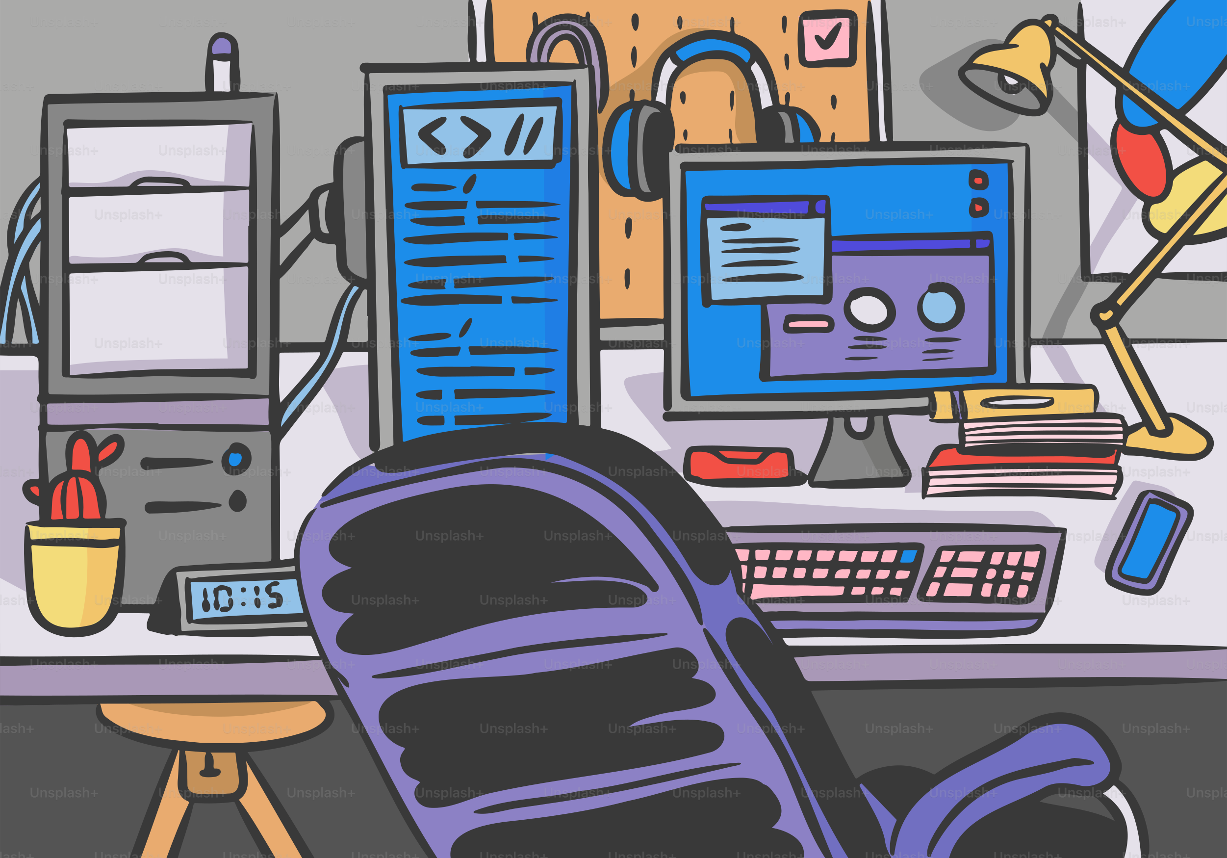 Vektor Ruang kerja programmer, penuh dengan teknologi dan kreativitas ...