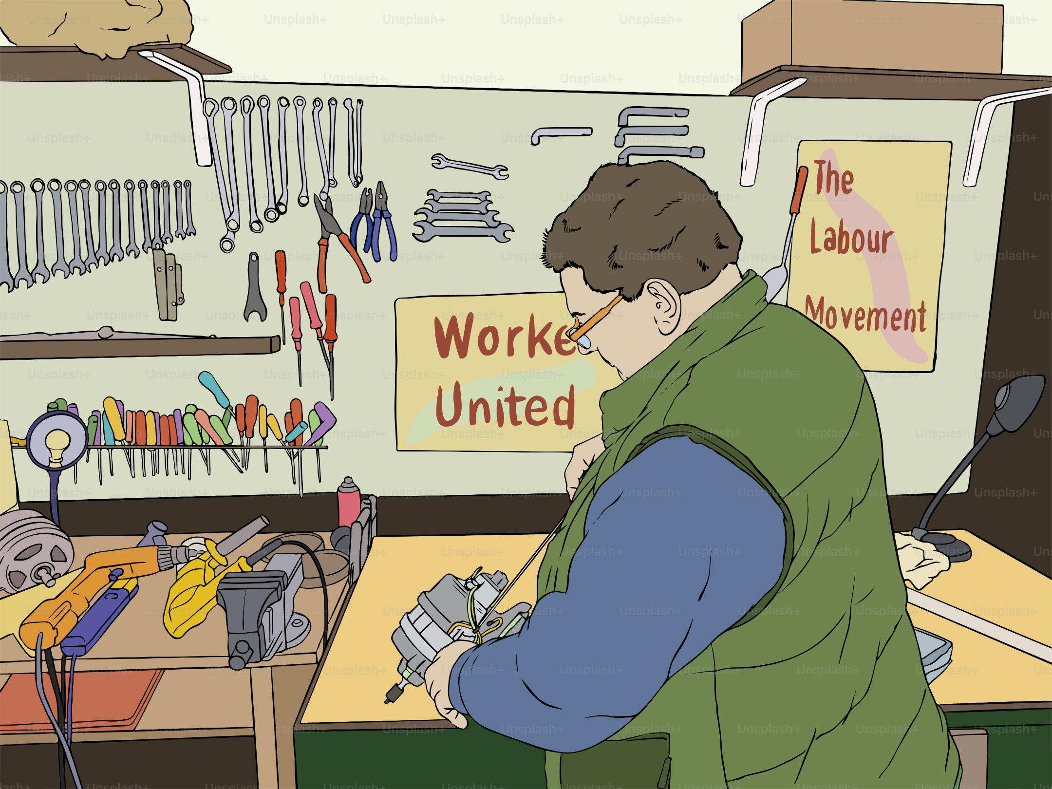 A man works in a workshop with labor movement signs. vector ...