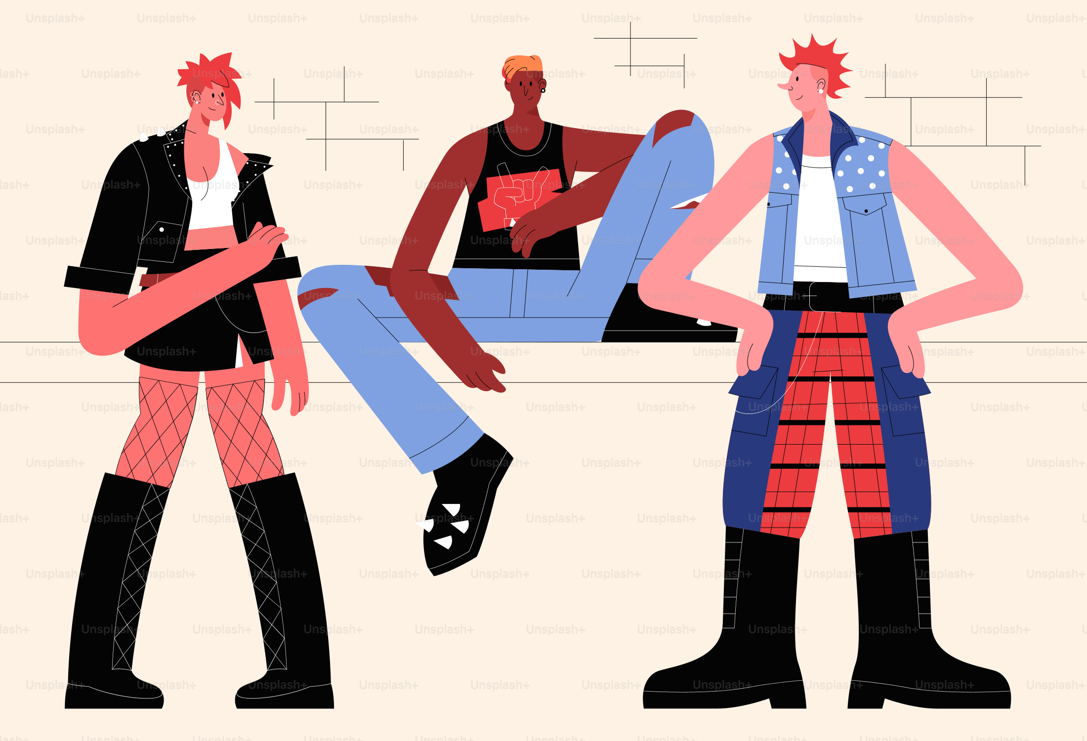 Three punk figures stand in front of a brick wall. vector ...
