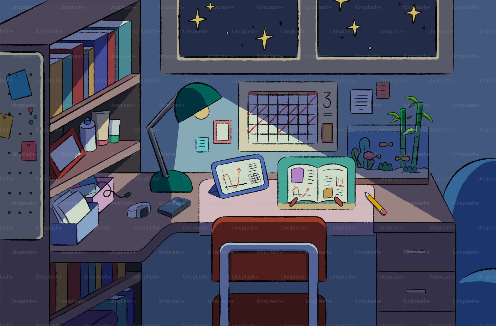 Cozy, late-night study space with illuminated desk. vector ...
