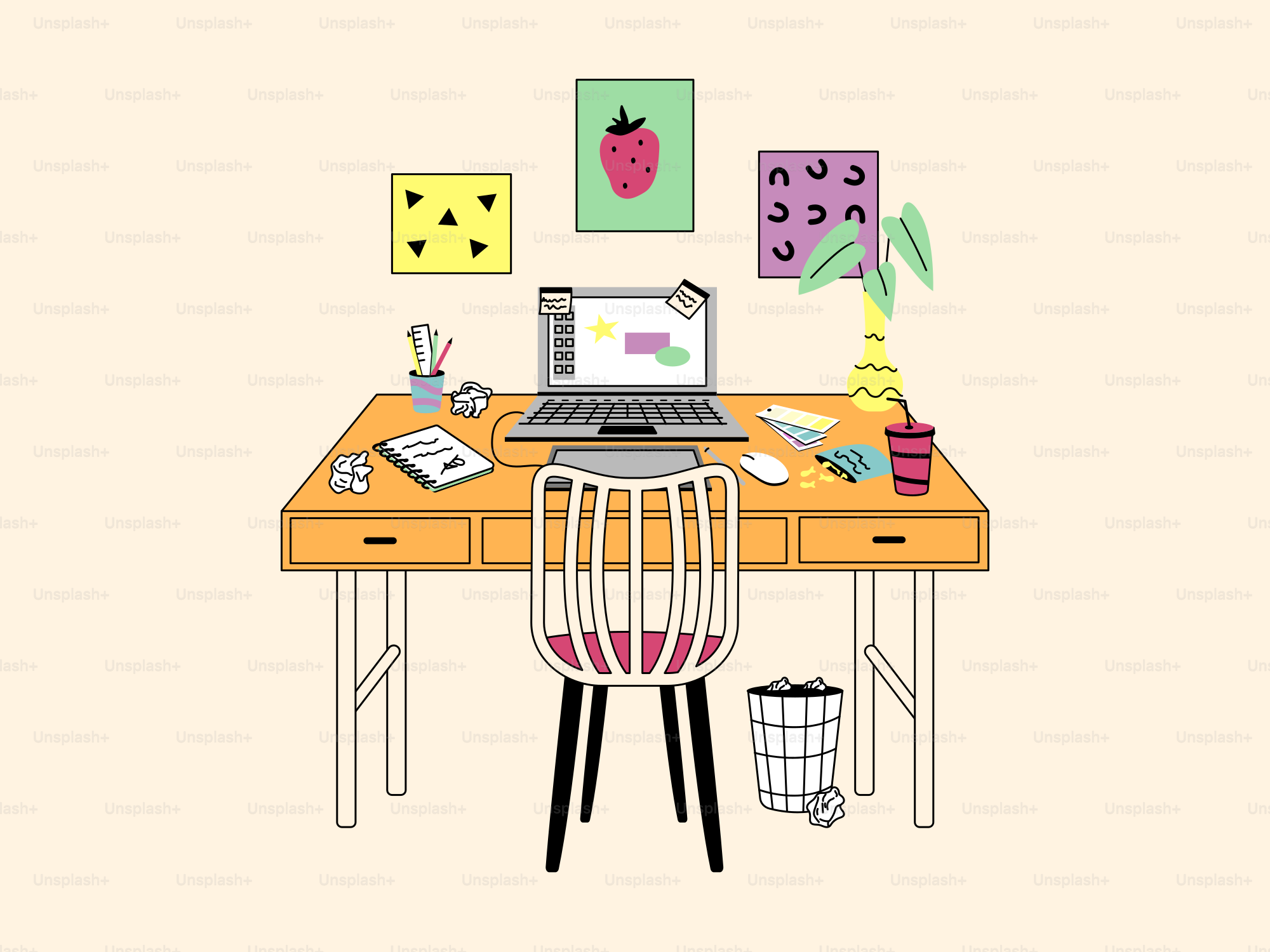 A creative and colorful desk setup with accessories. vector – Office ...
