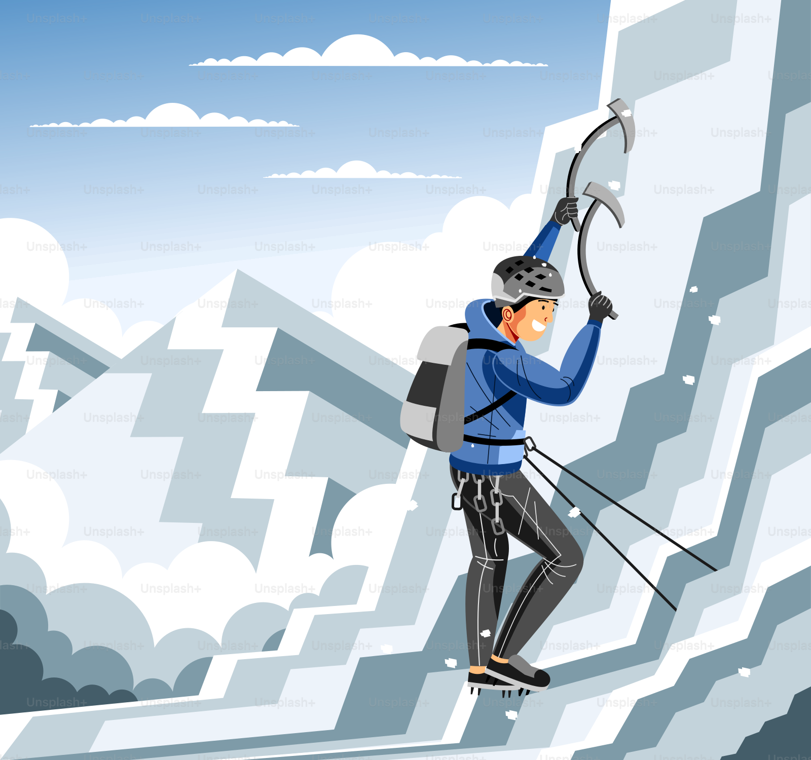 A climber ascends a snowy mountain with tools. vector – Sport Image on ...
