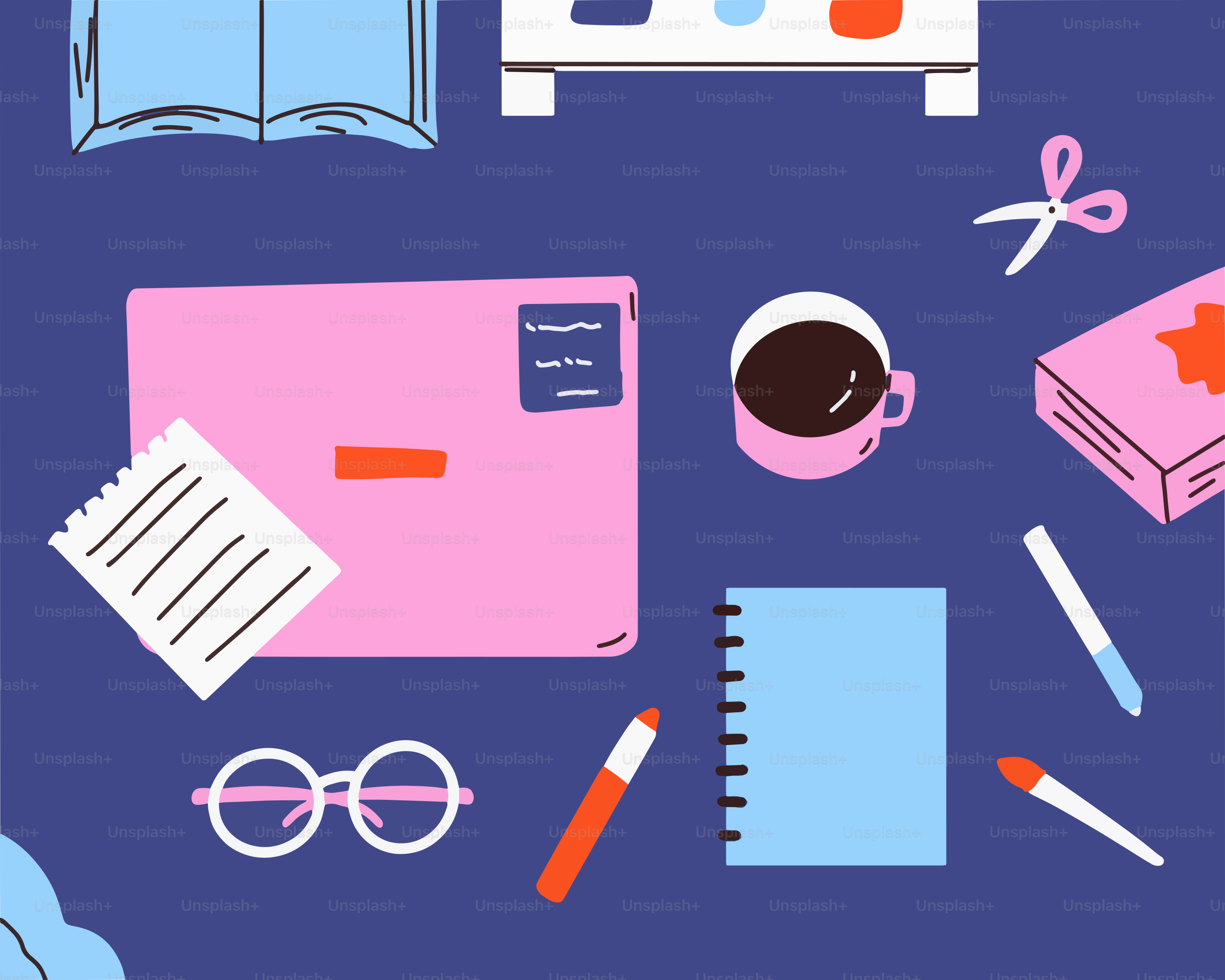 A study table with office supplies is shown. vector – Laptop Image on ...