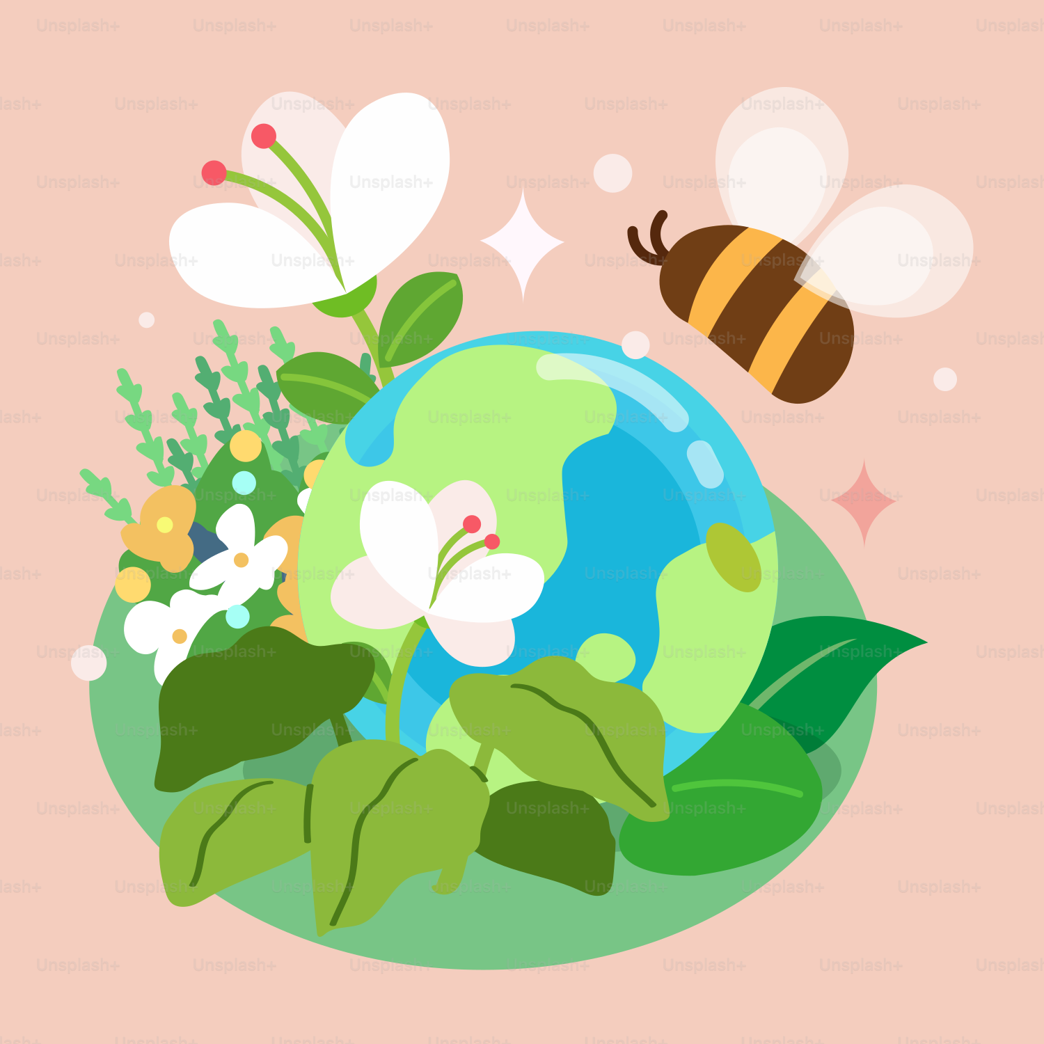 Earth, flowers, and a bee illustrate a healthy planet. vector – Green ...
