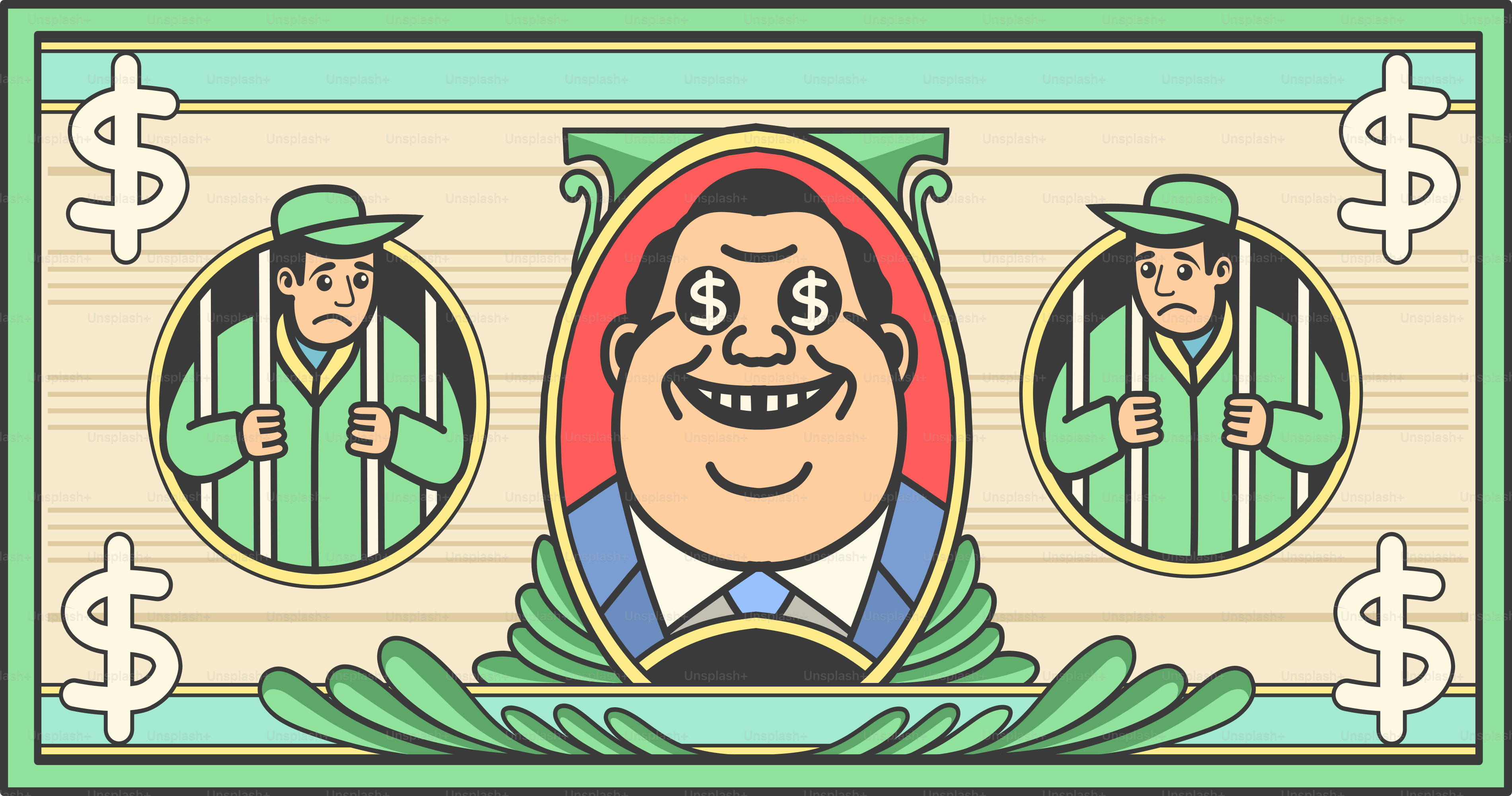 Money corrupts, as prisoners and a greedy man are shown. vector ...