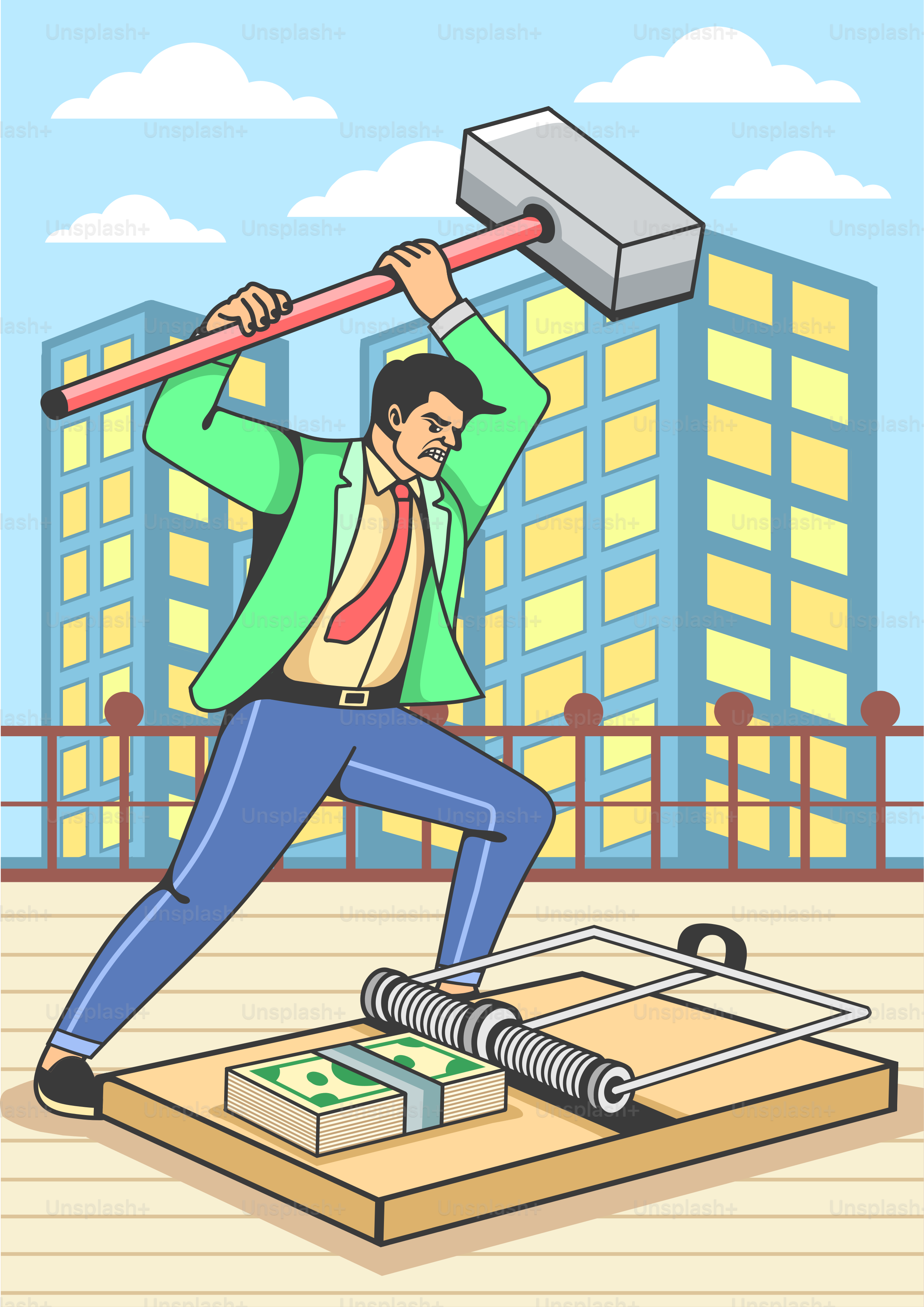Man is smashing the money trap with a hammer. vector – Office Image on ...