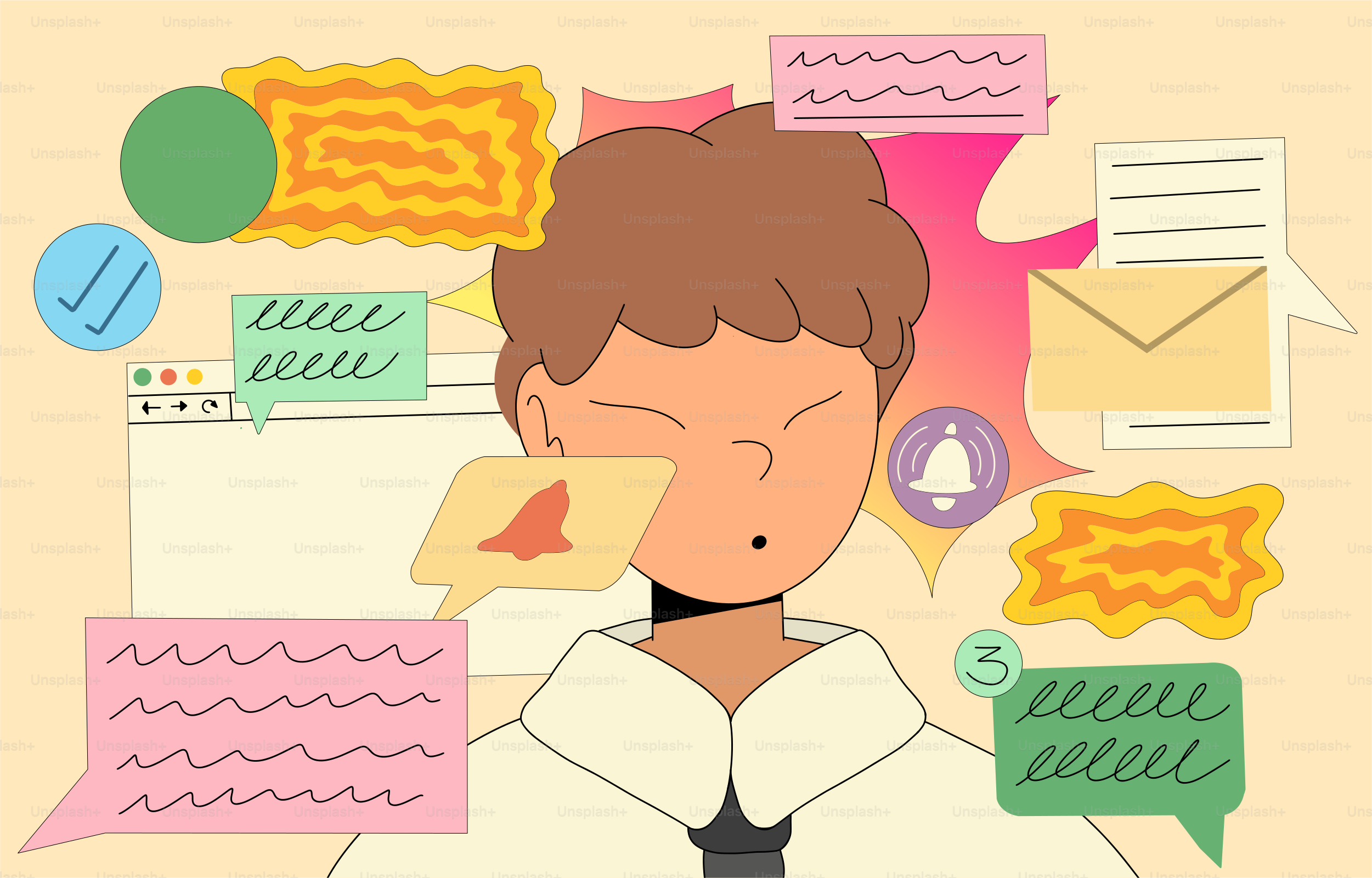 An overwhelmed person surrounded by digital notifications. vector ...