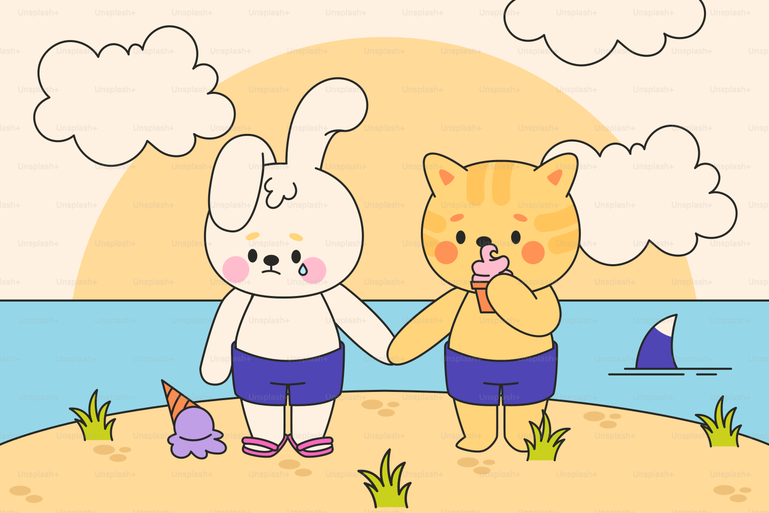 A rabbit and cat enjoy ice cream at the beach. vector – Cartoon Image ...