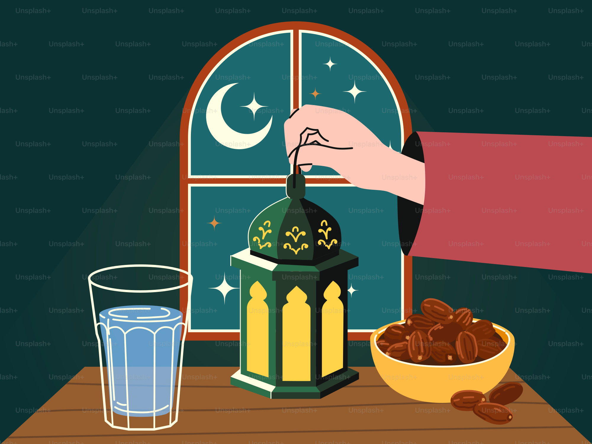Ramadan : dattes, de l’eau et une lanterne près de la fenêtre ...