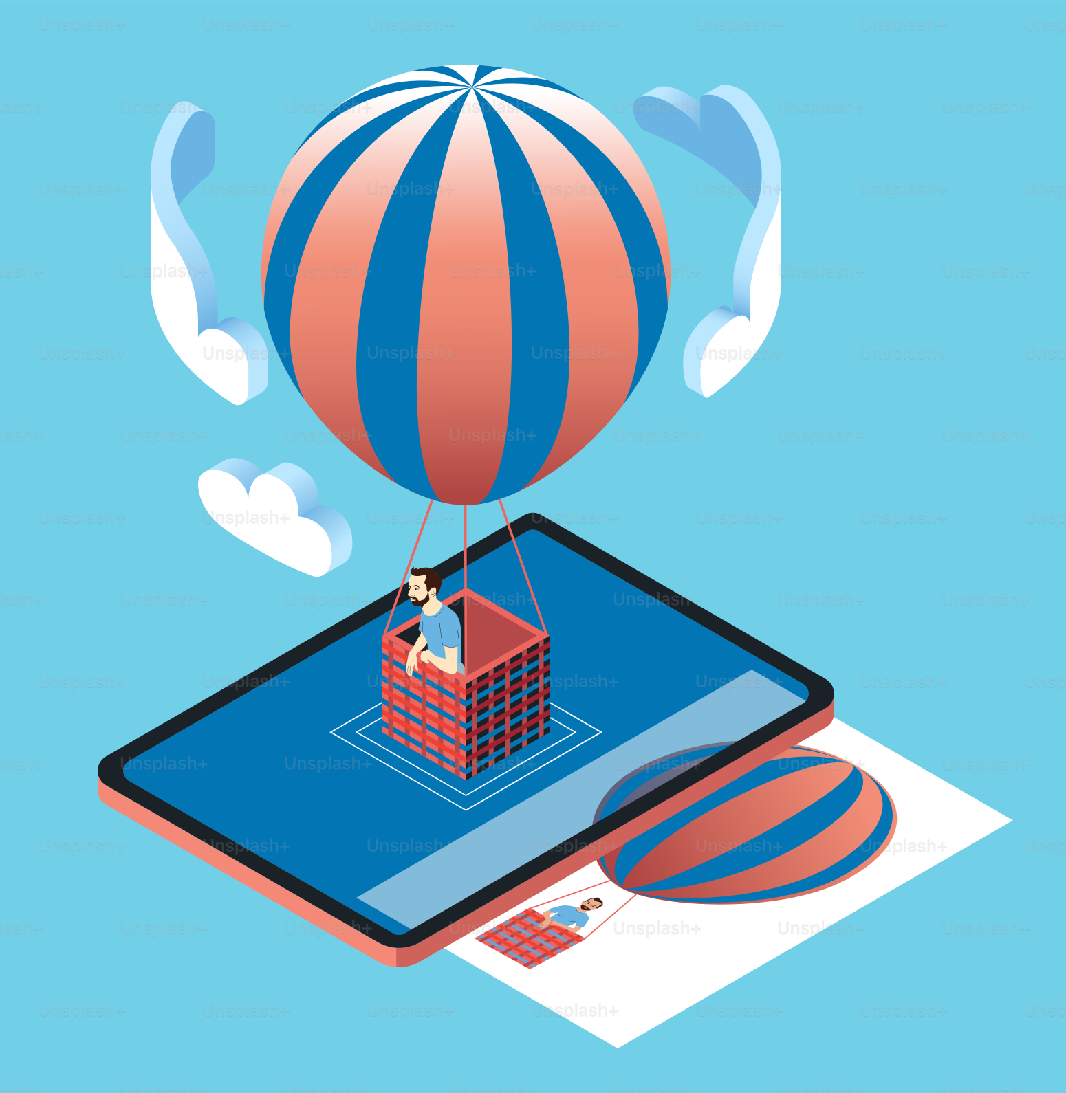 A hot air balloon appears on a phone screen. vector – Illustration ...