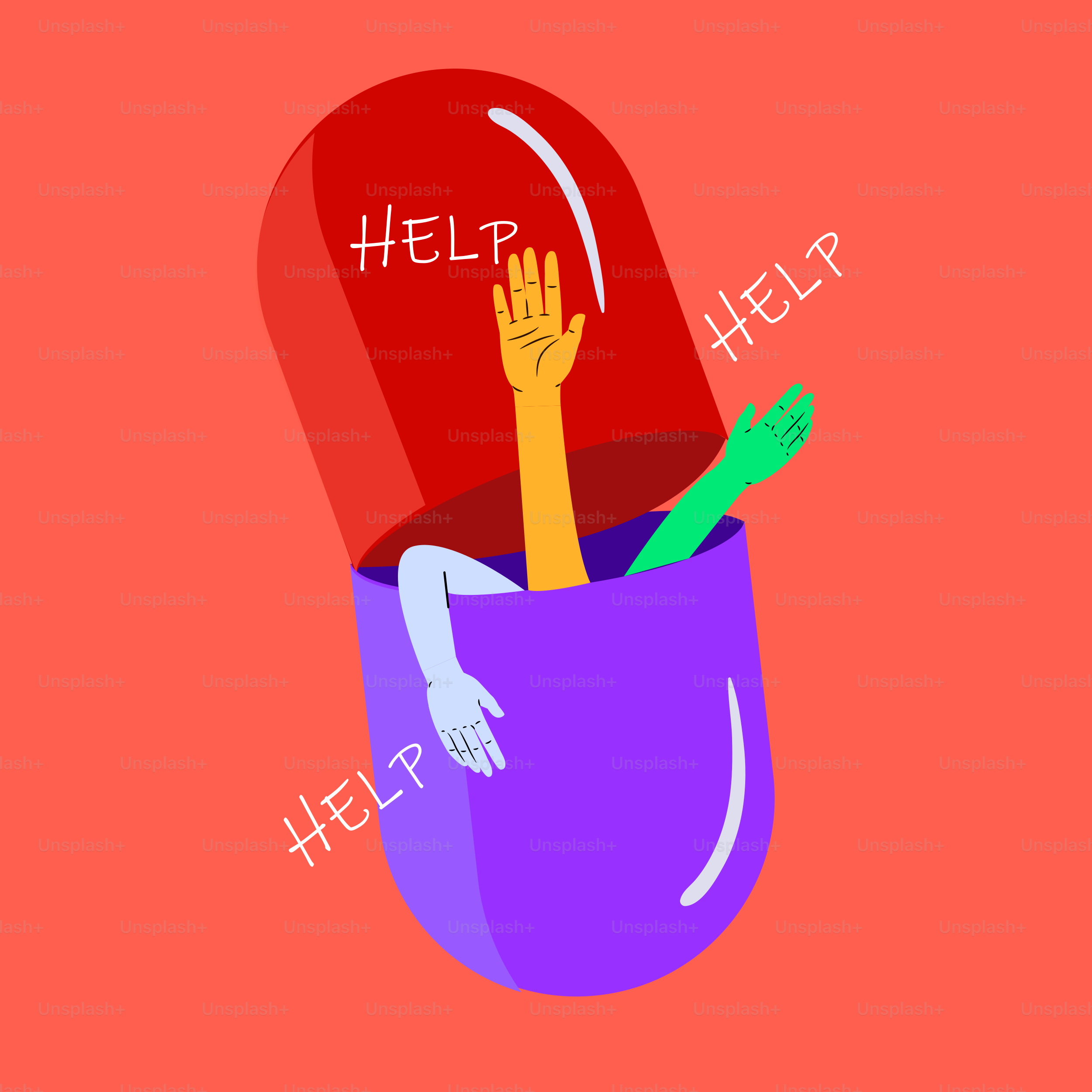 Personas atrapadas en una pastilla, suplicando ayuda. vector – Imagen ...