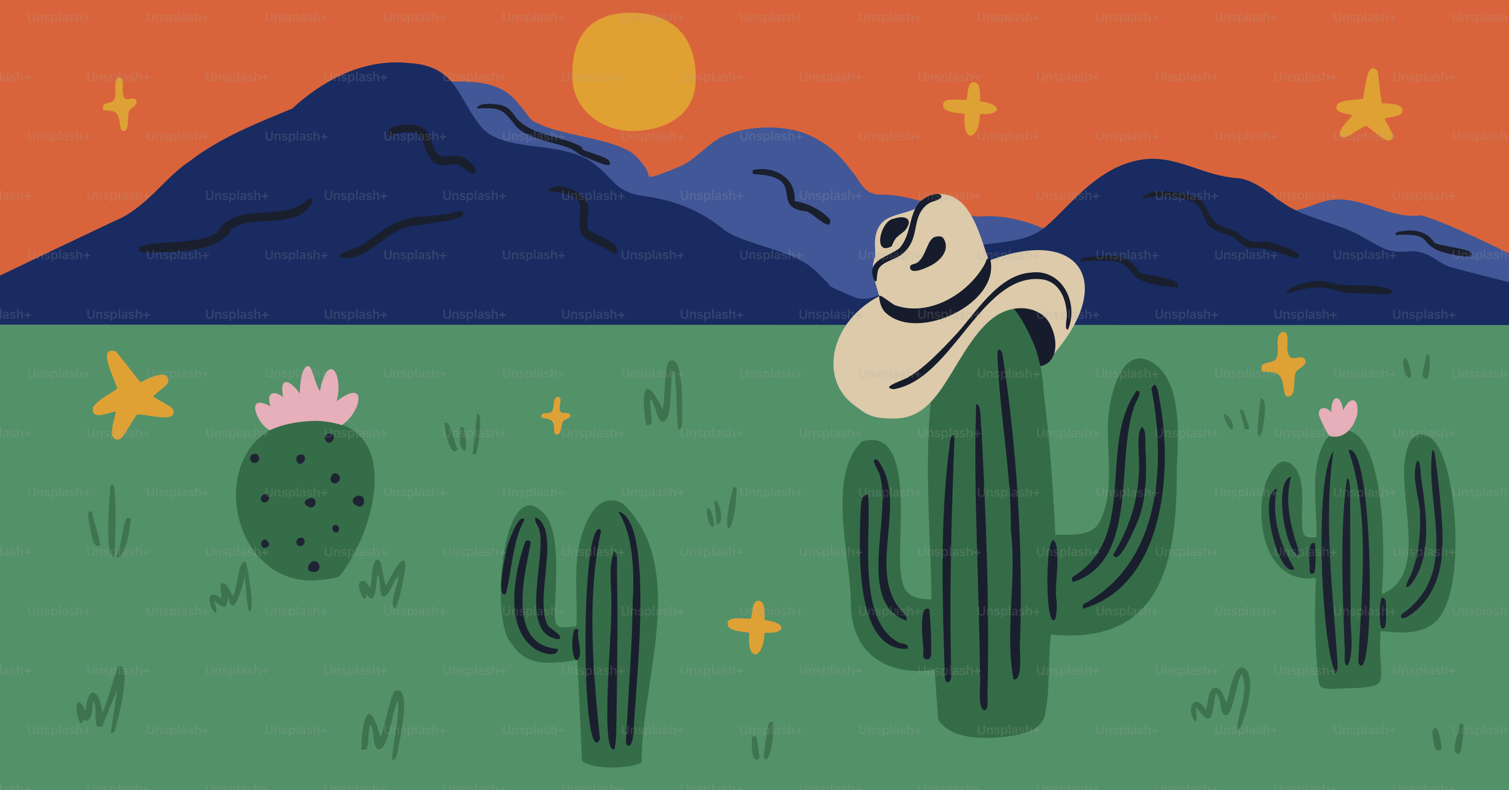 A cowboy cactus enjoys a sunset in the desert. vector – Mountains Image ...
