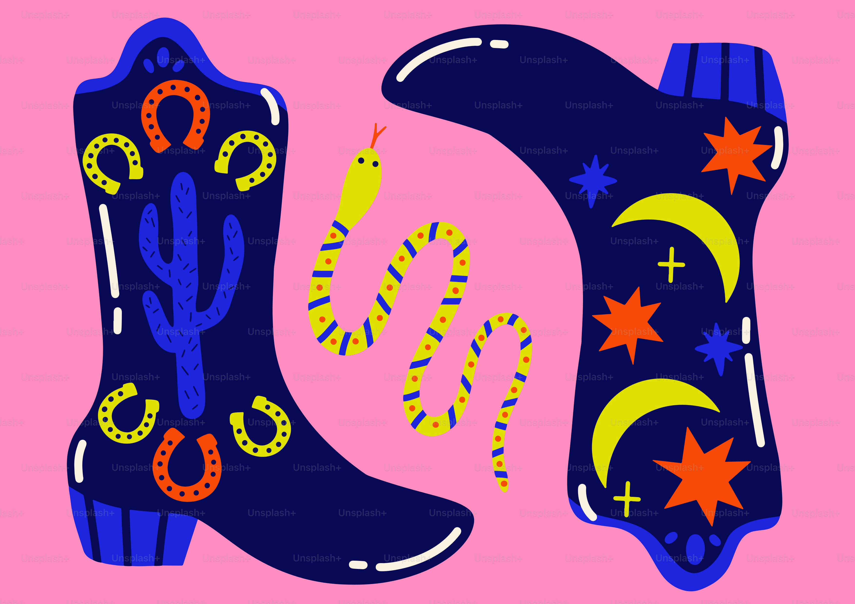 Des bottes de cow-boy et un serpent sur fond rose. vectoriel – Image de ...