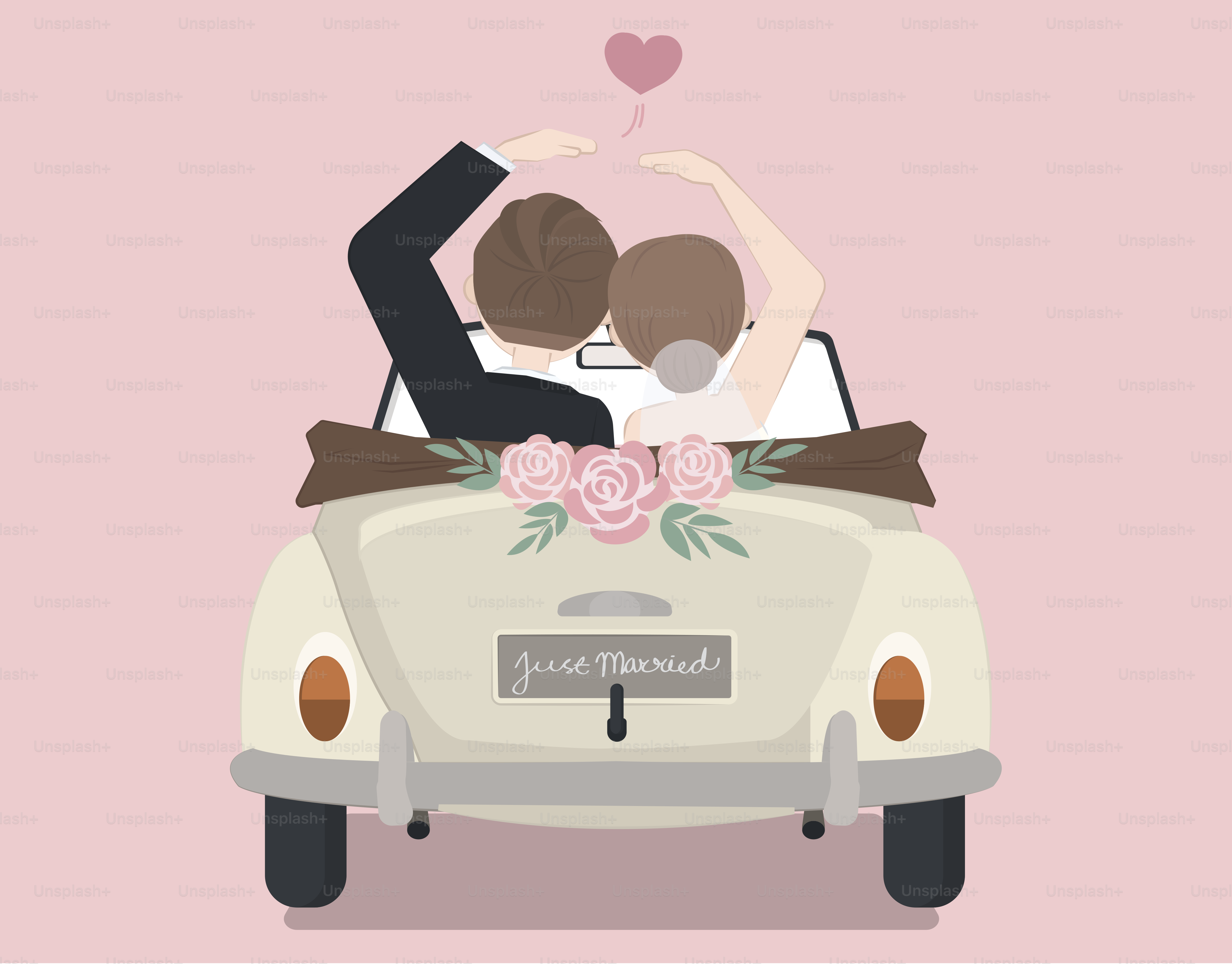 Os recém-casados partem em um carro antigo decorado. vetor – Imagem ...