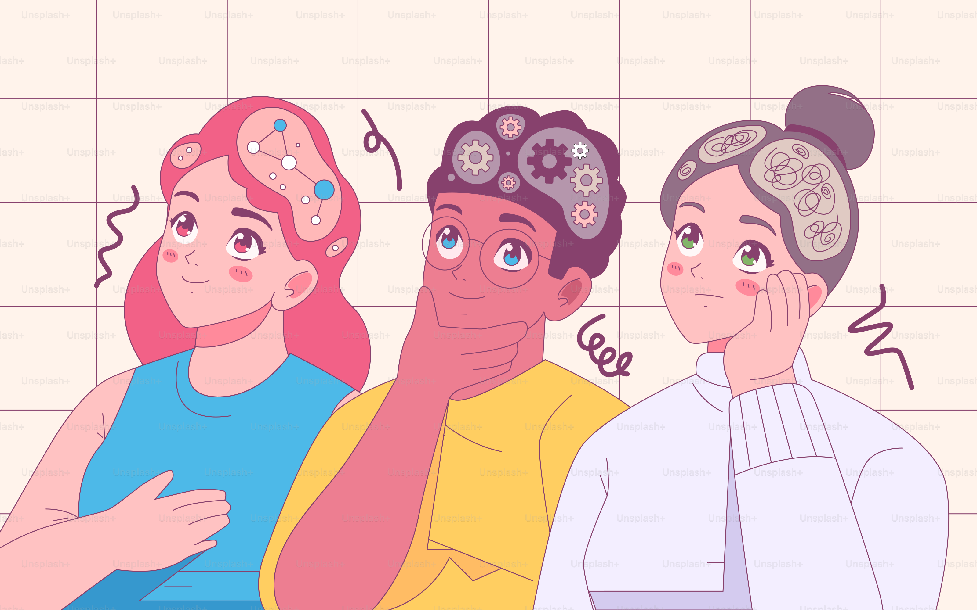 People thinking, with brain images inside their heads. vector – Brain ...