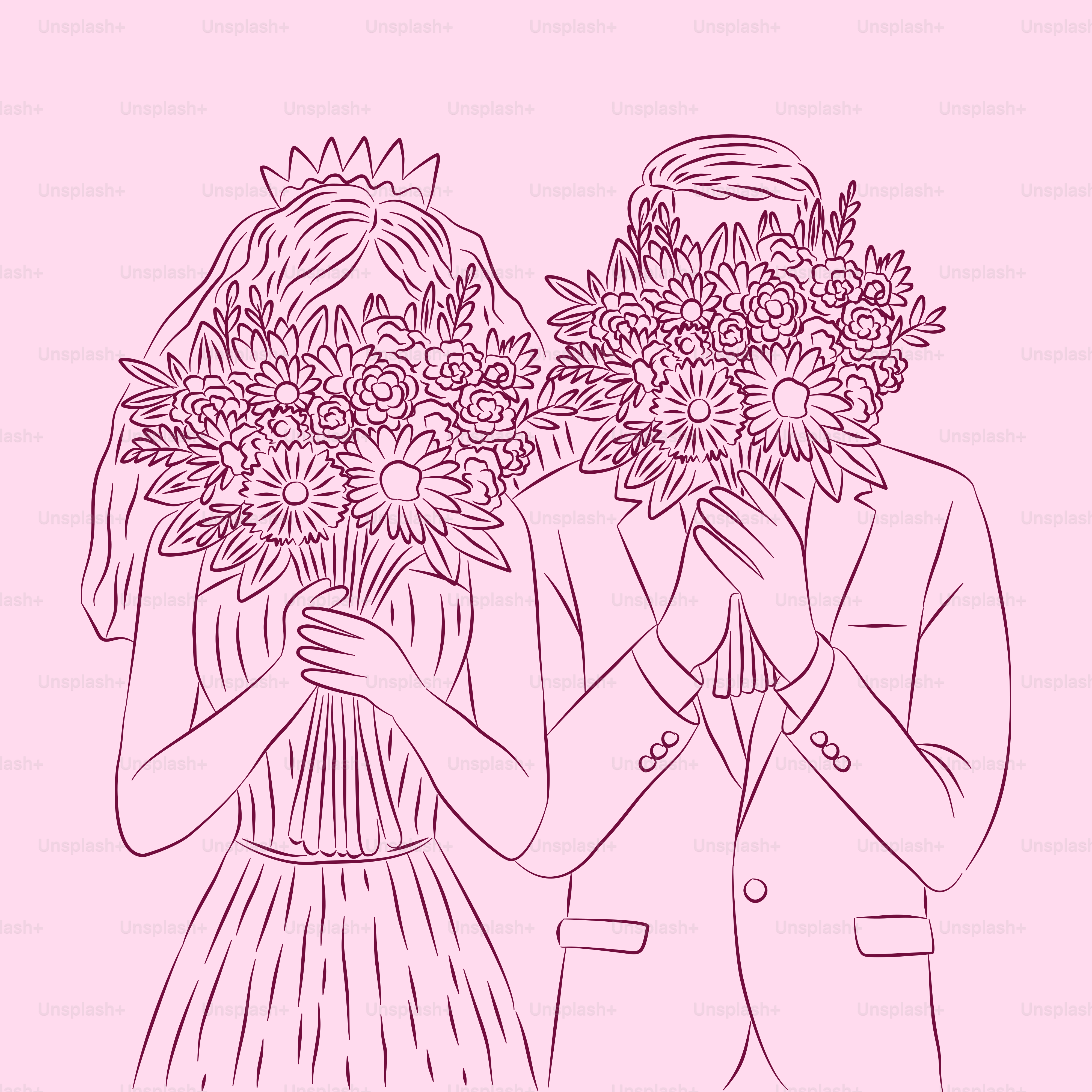 La coppia di sposi si nasconde dietro mazzi di fiori. vettoriale ...